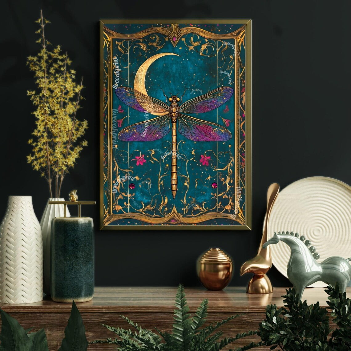 Vintage Dragonfly And Moon Wall Art - Moody Living Room Art - Teal And Gold Botanical Print ...