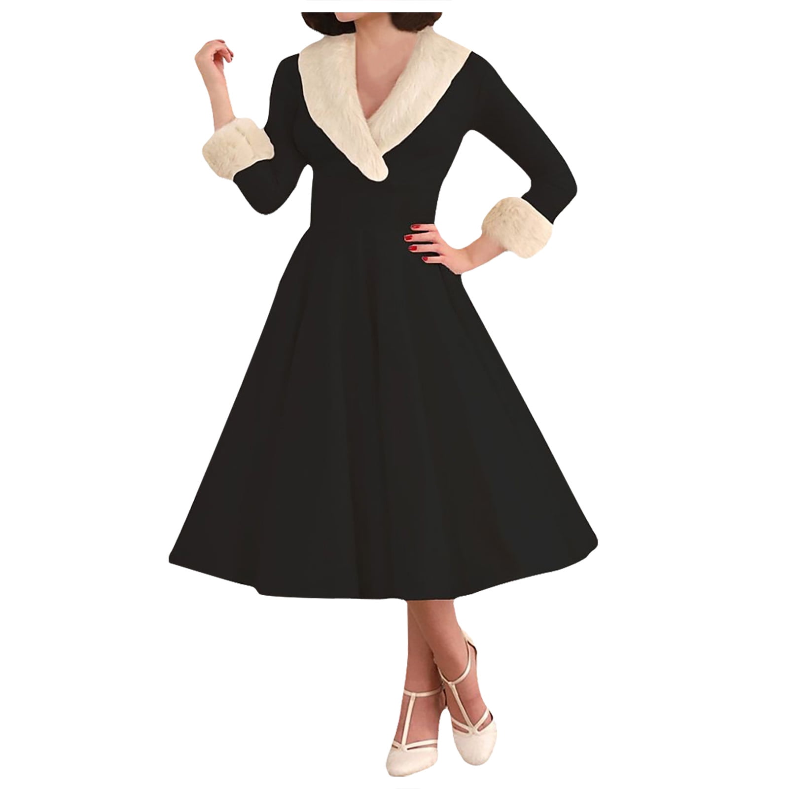 Vintage Dress for Women Party Elegant Classy Furry Collar & Cuffs V ...