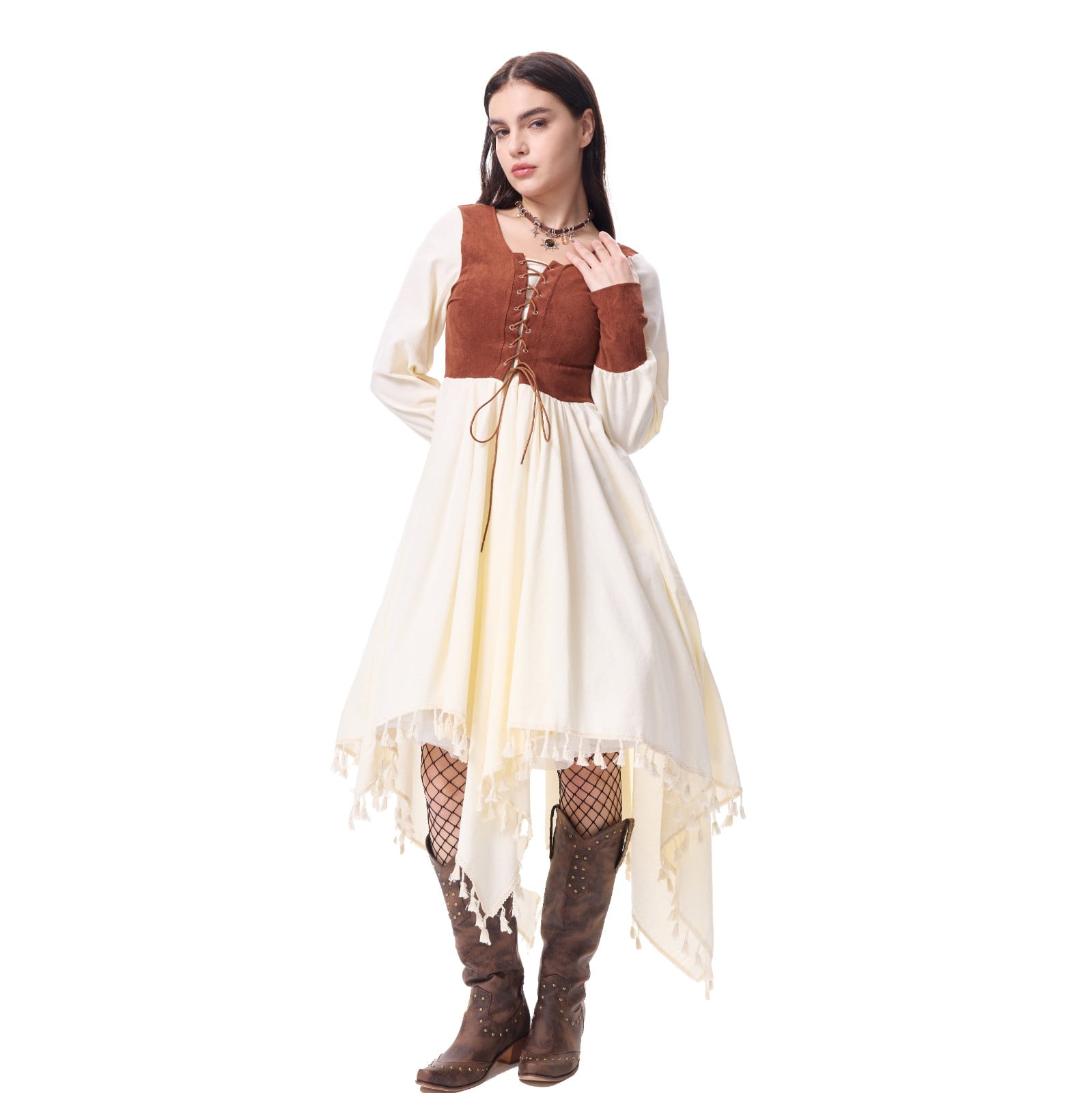 Vintage Dresses Medieval Peasant Women, Patchwork Dress Lace Up Corset Tiered Uneven Skirt Puff ...