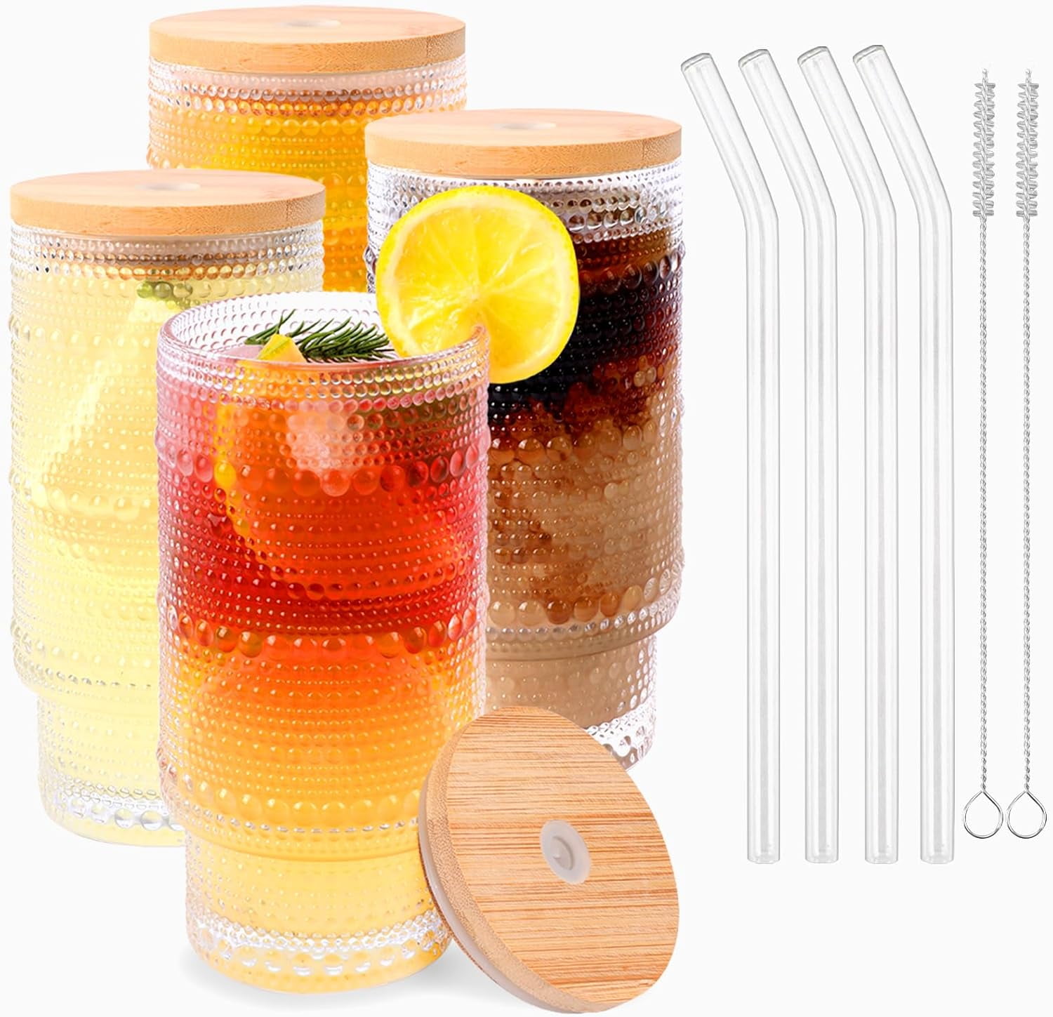 Vintage Drinking Glasses Set of 4 with Bamboo Lids and Straws, Ribbed ...
