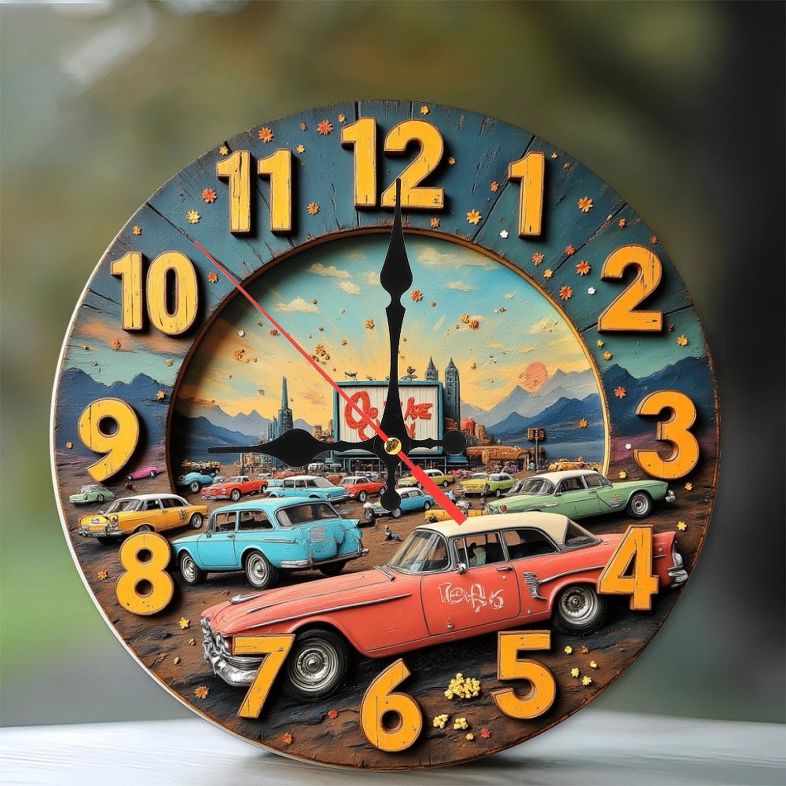 Vintage DriveIn Theater Clock Wall Decor 10-Inch Silent Wooden Wall ...