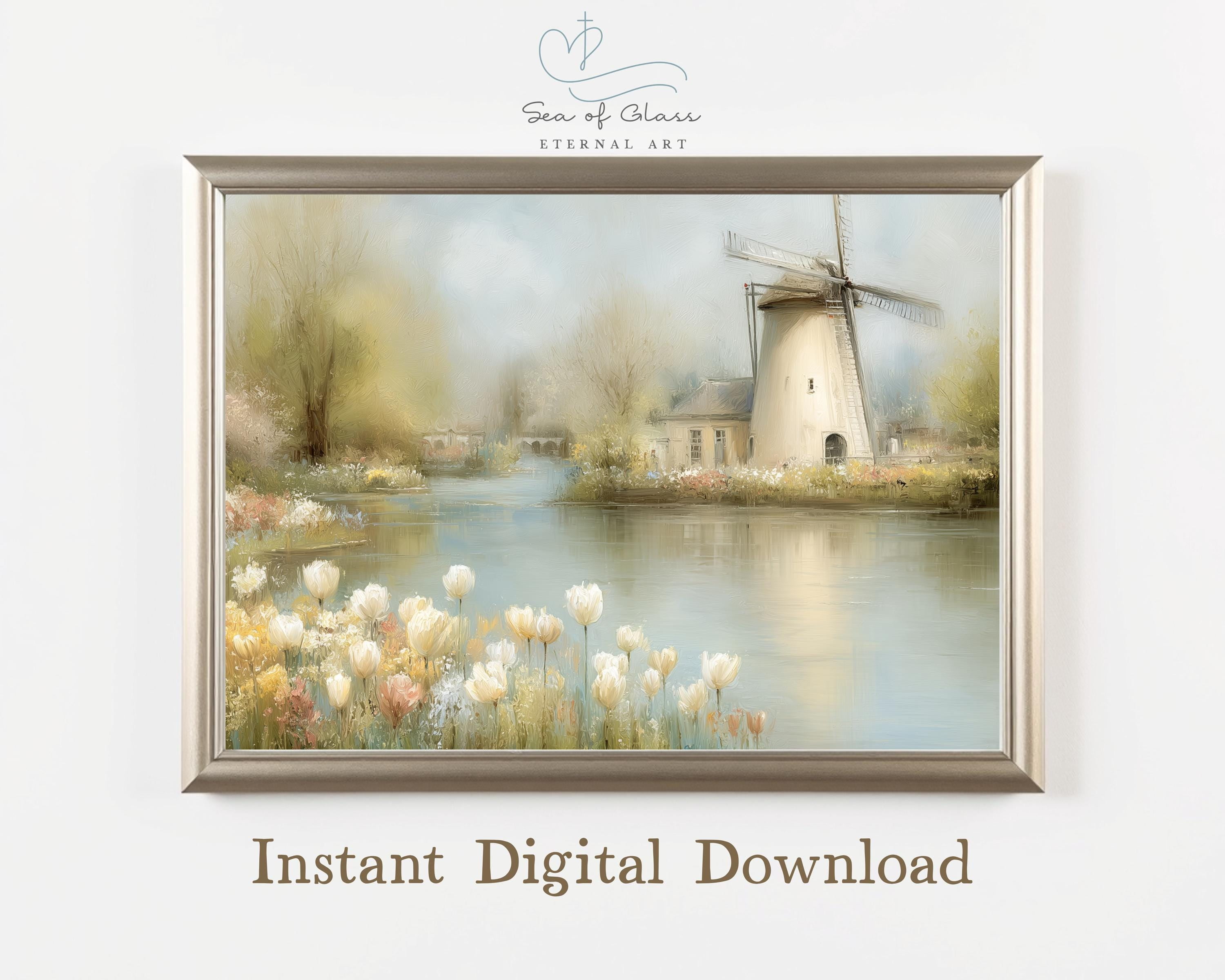 Vintage Dutch Windmill Poster Pastel Tulip Landscape, Cottagecore Wall ...