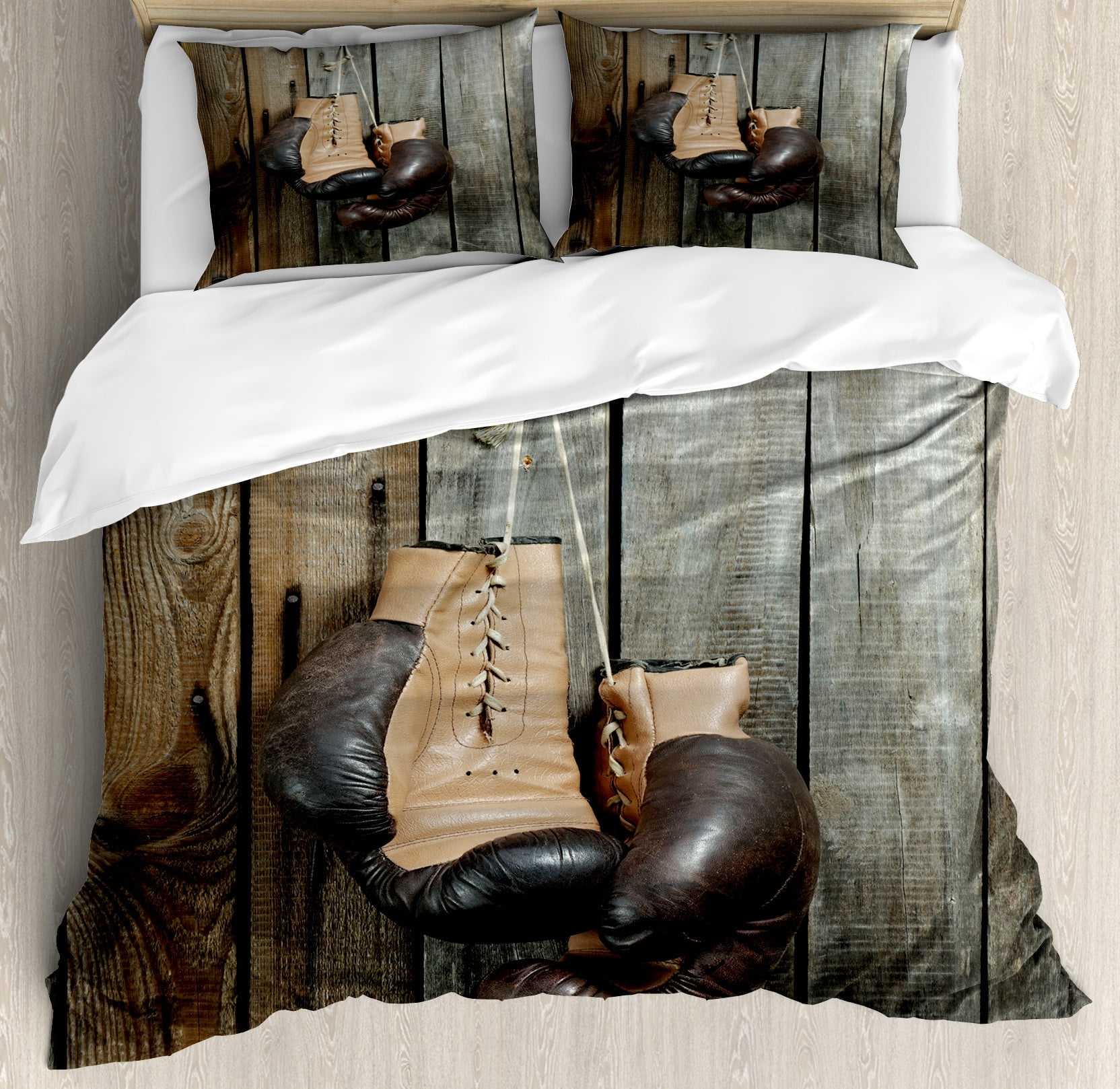Vintage Duvet Cover Set, Vintage Boxing Gloves on the Old Wooden ...