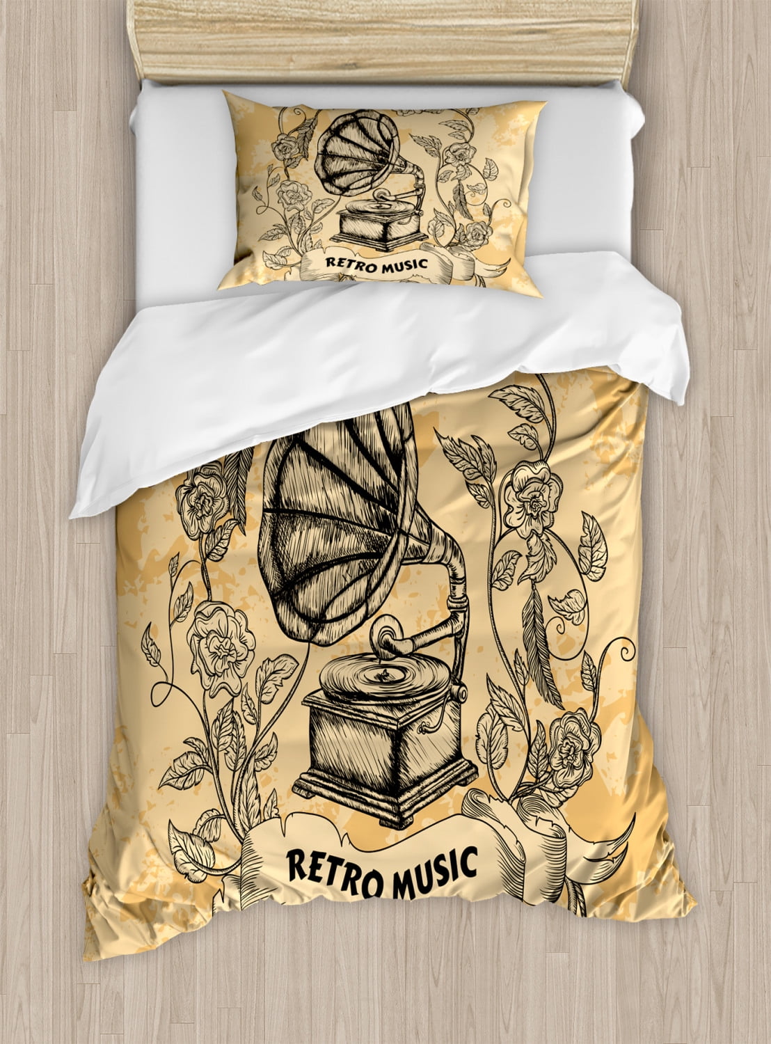Vintage Duvet Cover Set, Drawing of Nostalgic Gramophone Vinyl Rose ...