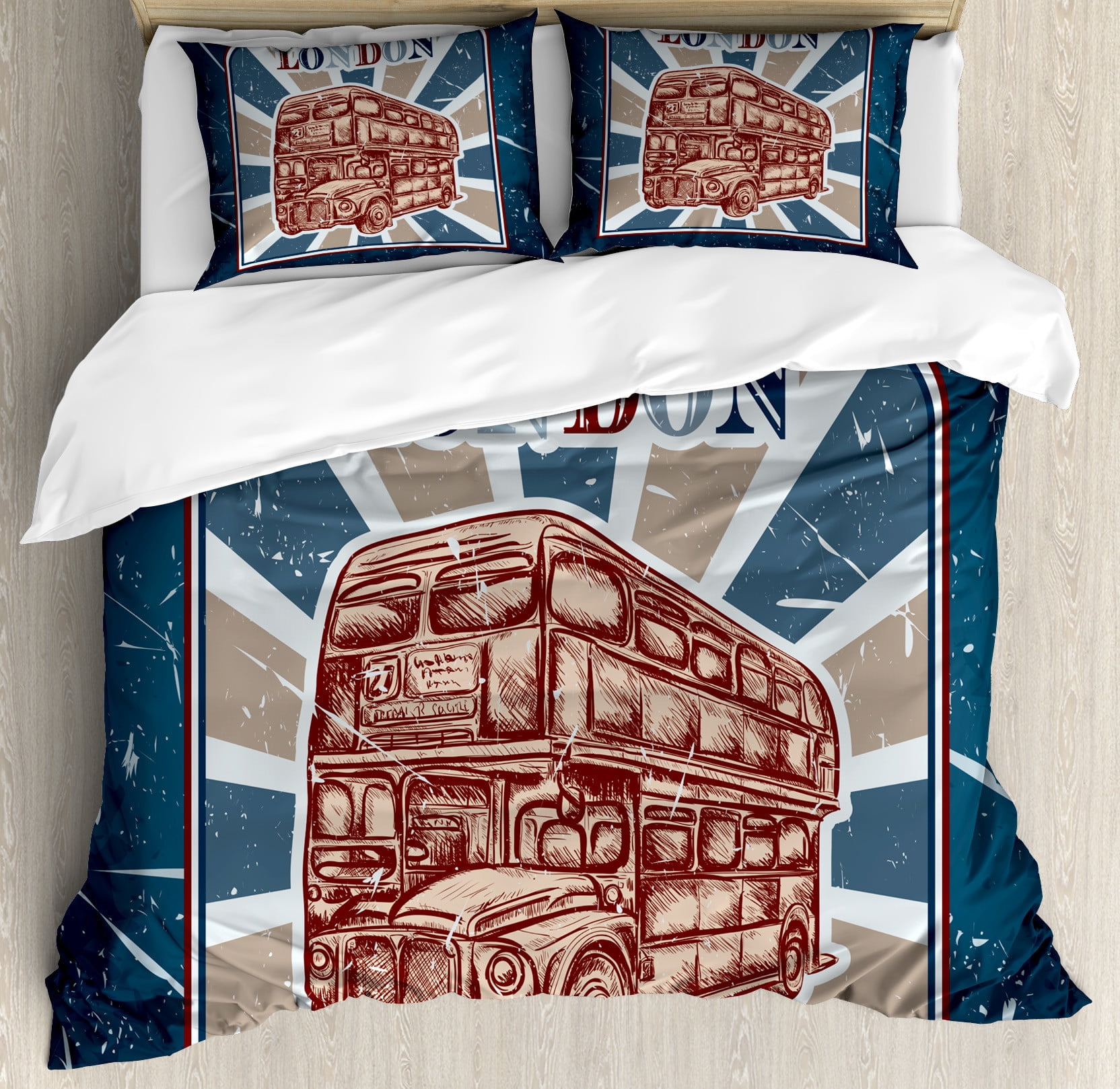 Vintage Duvet Cover Set, Emblem with English Bus on Grunge Background ...