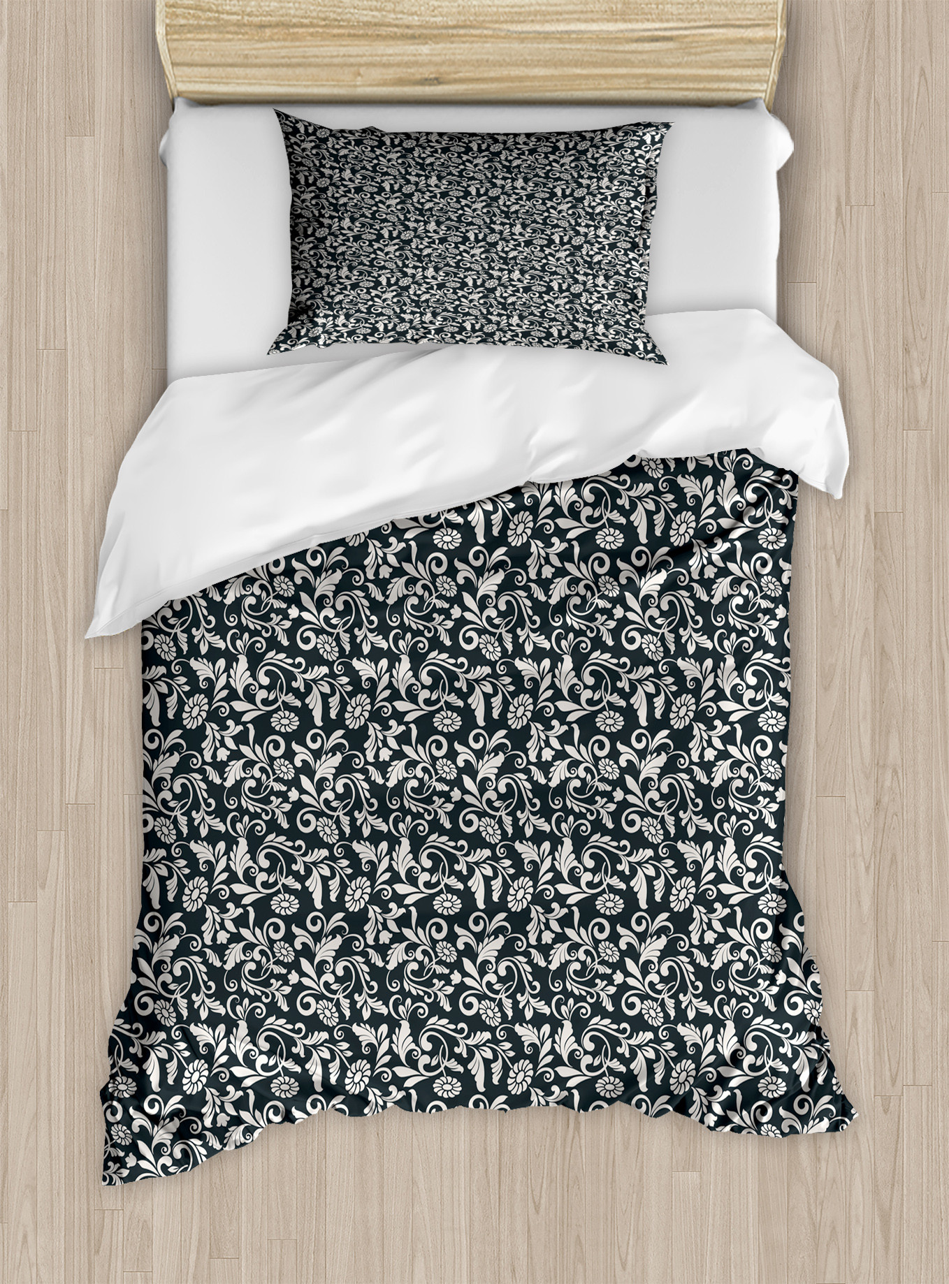 Vintage Duvet Cover Set, Layout of Burgeoning Flower Leaves Strokes and ...