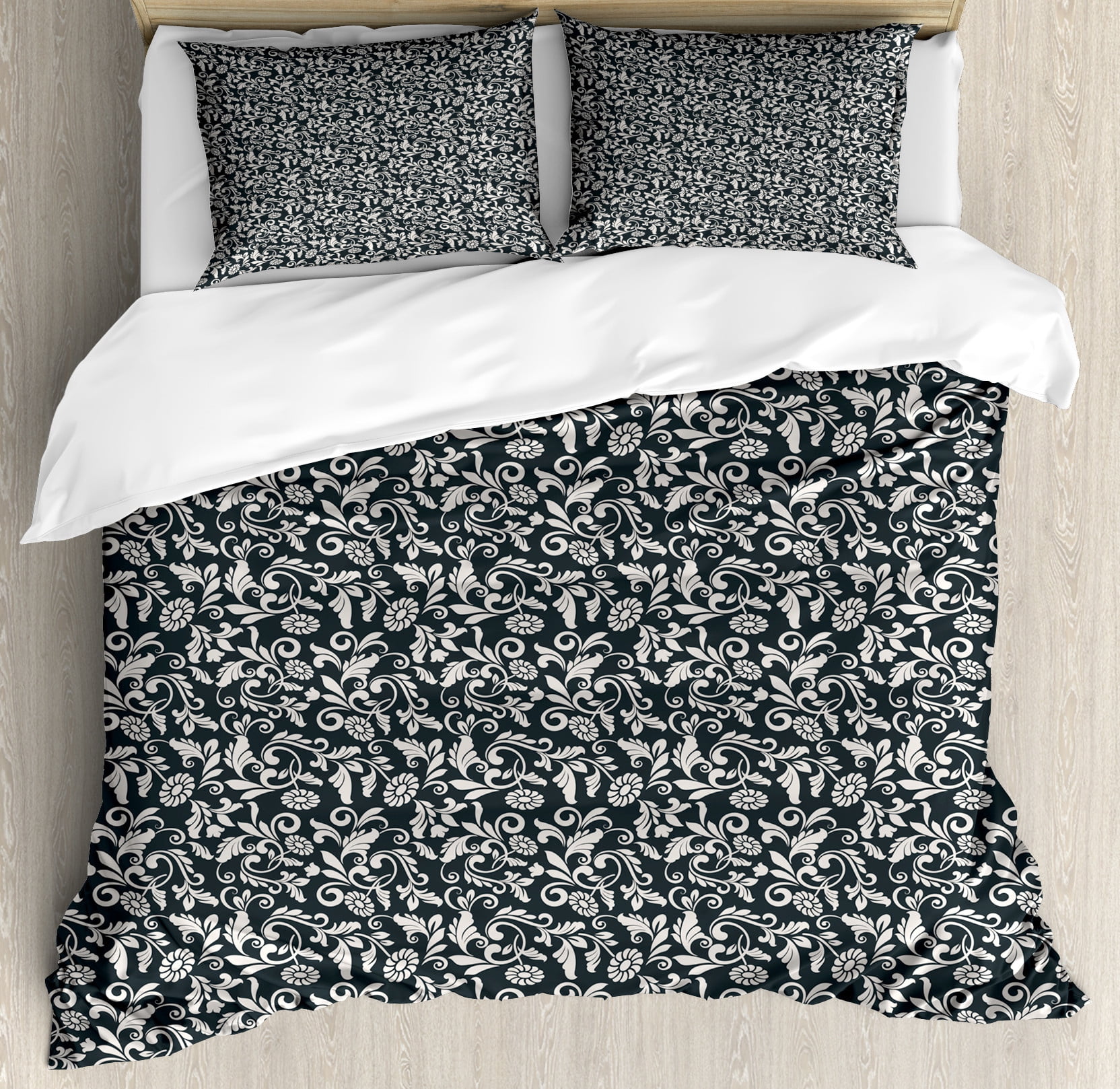 Vintage Duvet Cover Set, Layout of Burgeoning Flower Leaves Strokes and ...