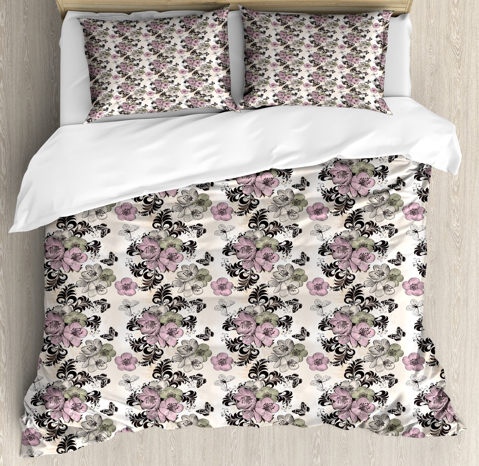 Vintage Duvet Cover Set, Nostalgic Floral Pattern with Hand Drawn ...