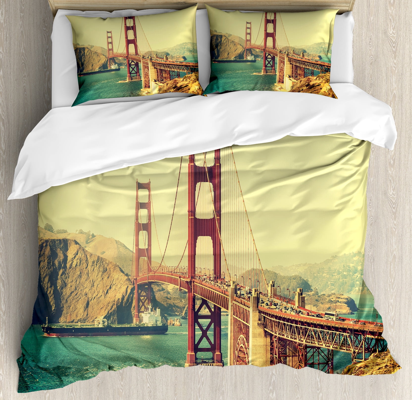 Vintage Duvet Cover Set, Old Film Featured Golden Gate Bridge ...