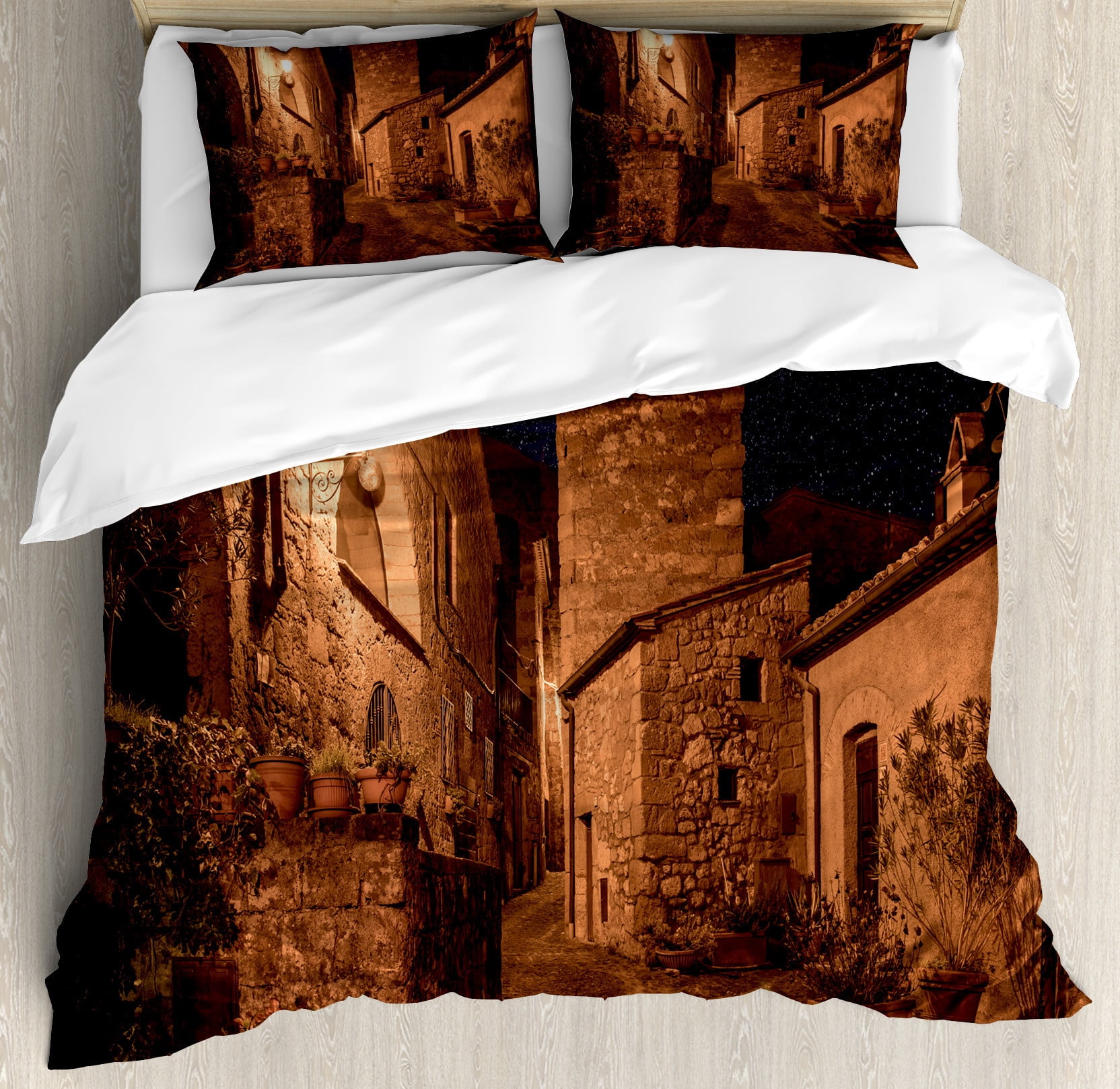 Vintage Duvet Cover Set, Street of Aged Antique Tuff City with Stone ...