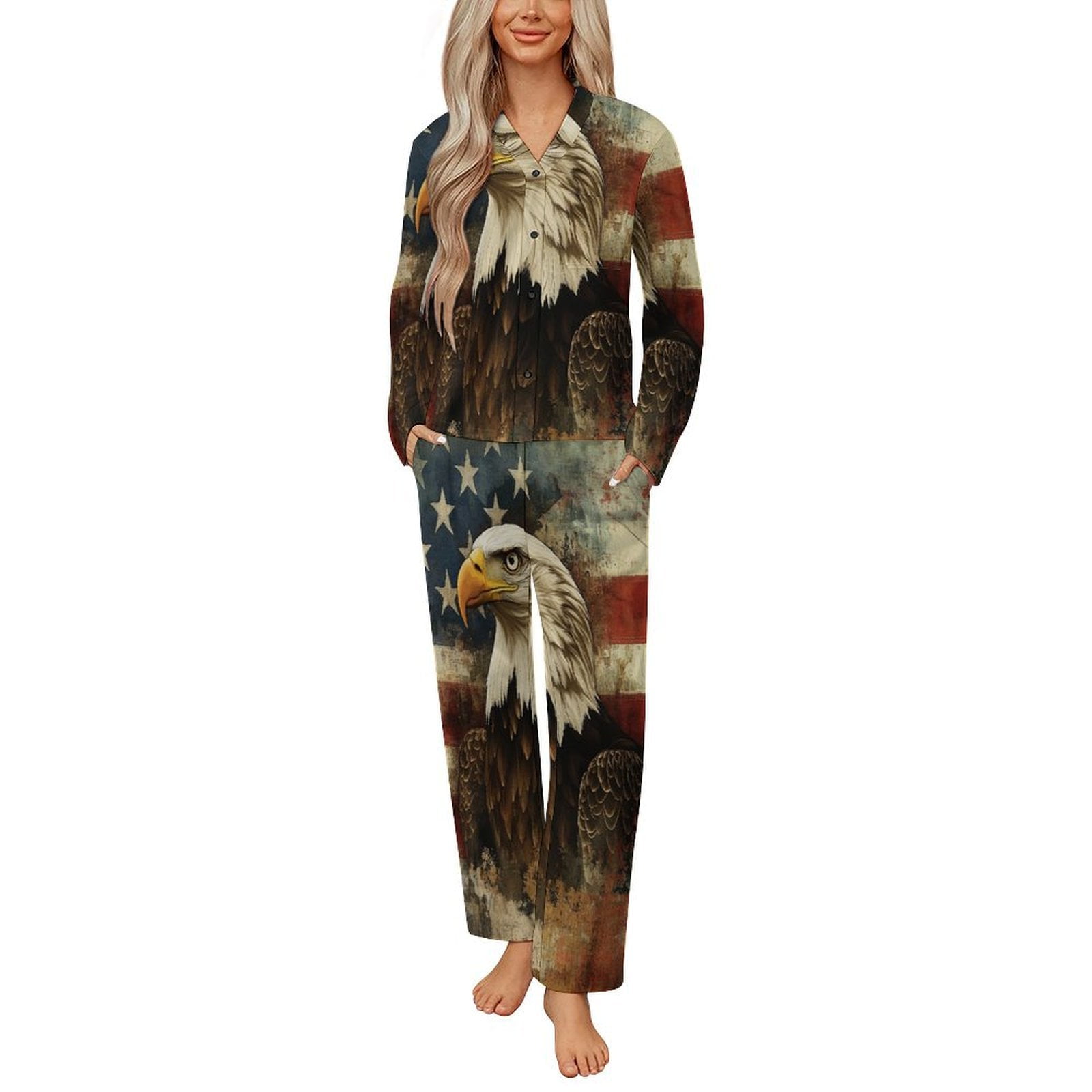 Vintage Eagle American Flag Womens Pyjamas Set Button Up Pyjamas Womens ...