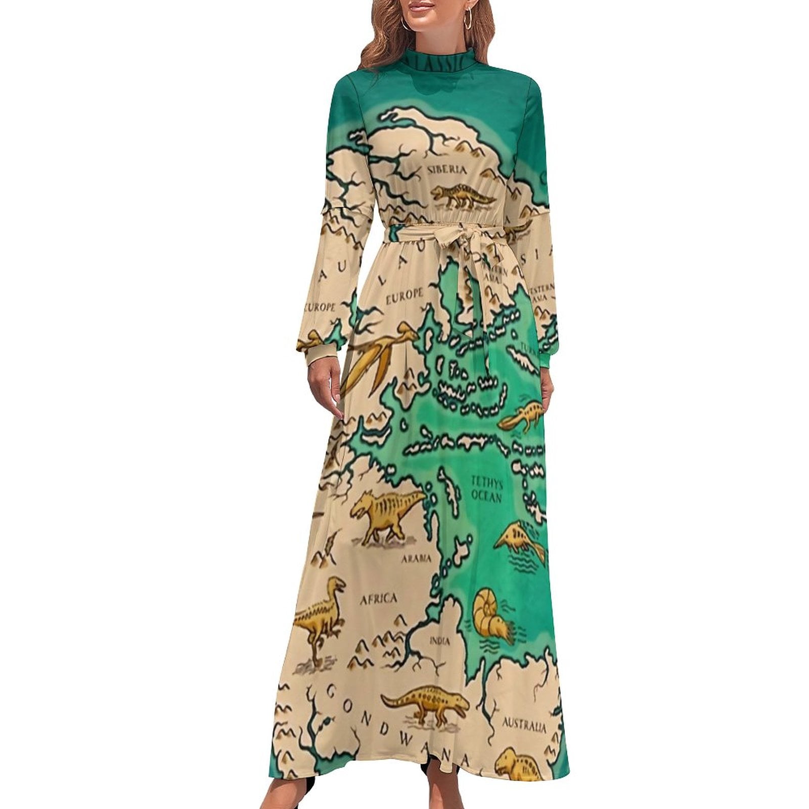 Vintage Earth Map Dress High Waist Vintage Anitque Graphic Boho Beach ...