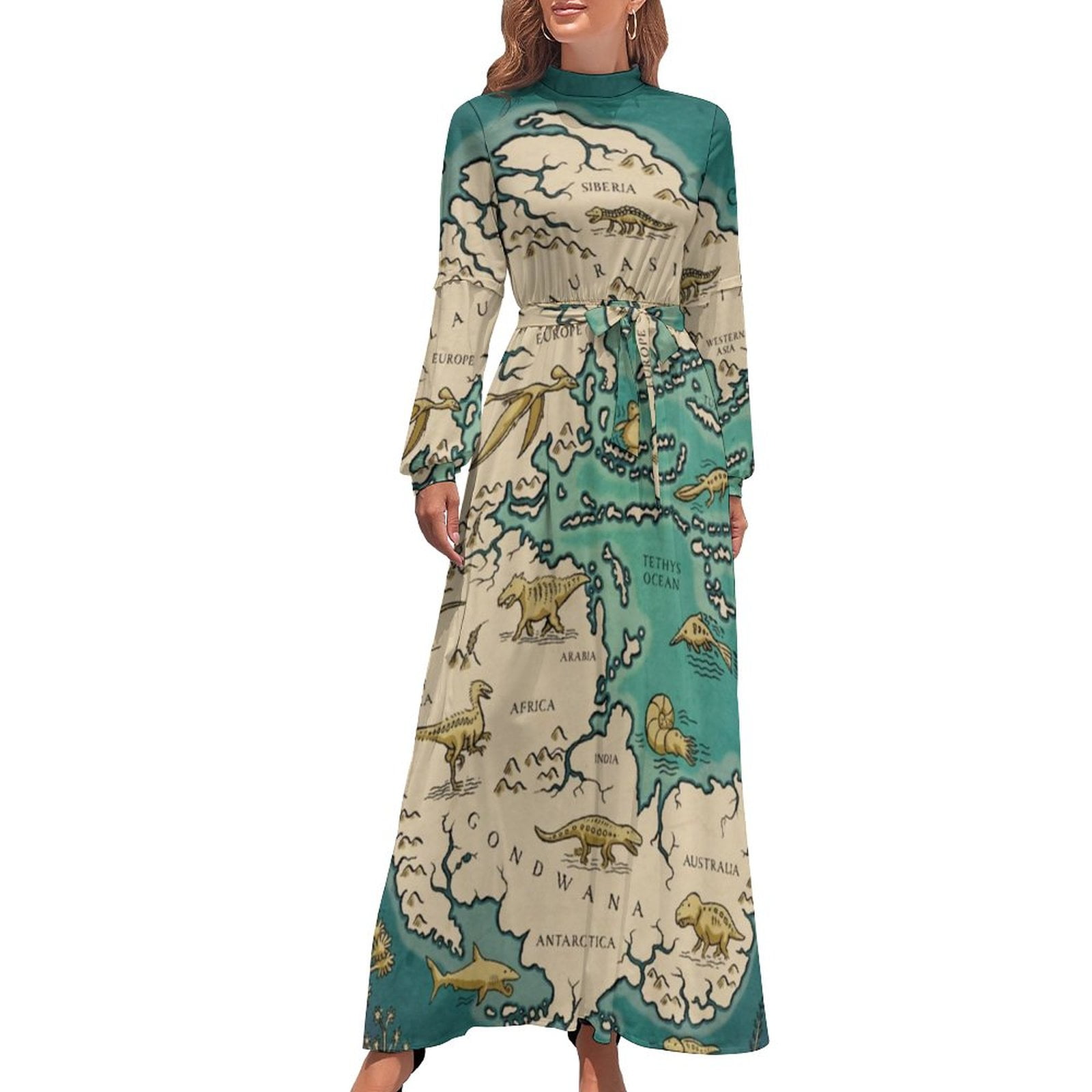 Vintage Earth Map Dress High Waist Vintage Anitque Graphic Boho Beach ...