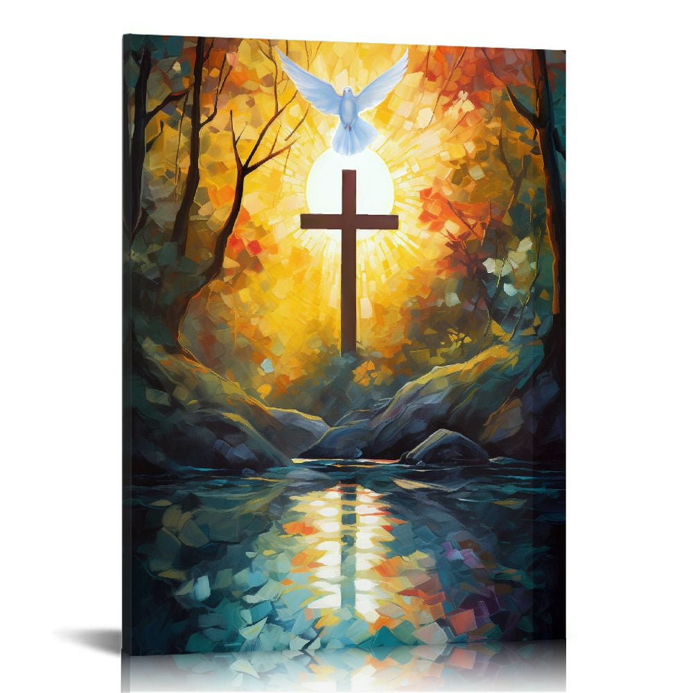 Vintage Easter Cross Christian Wall Art, Cross White Pigeon Canvas ...