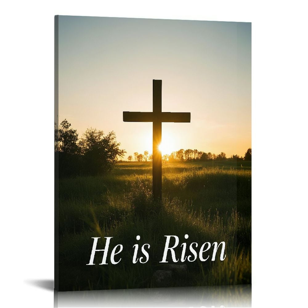 Vintage Easter Cross Christian Wall Art, He is Risen Canvas Paintings ...