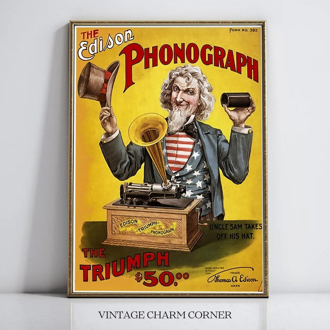 Vintage Edison Phonograph Print Uncle Sam Wall Art Antique Music ...