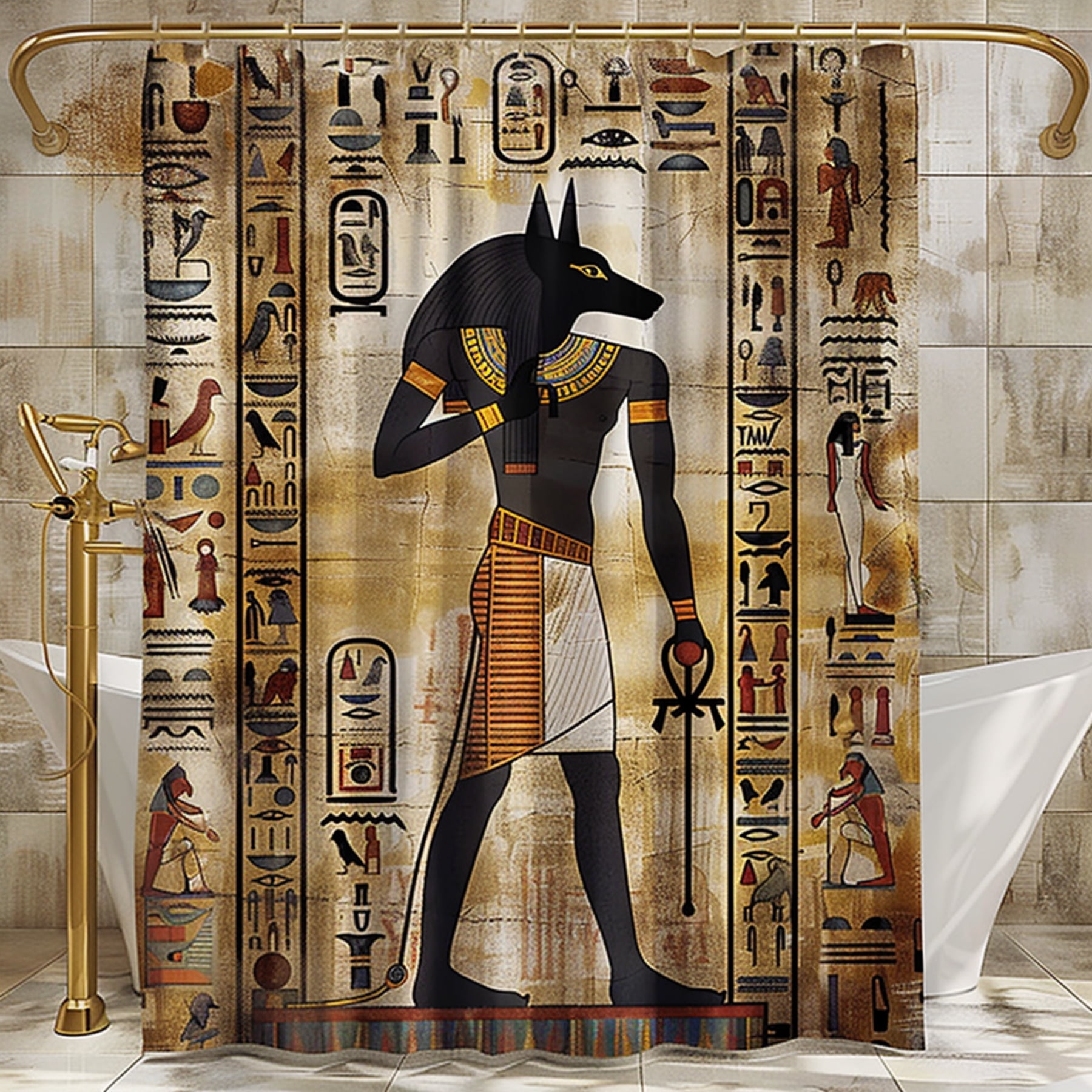Vintage Egyptian Hieroglyphs Shower Curtain With Anubis Theme Unique