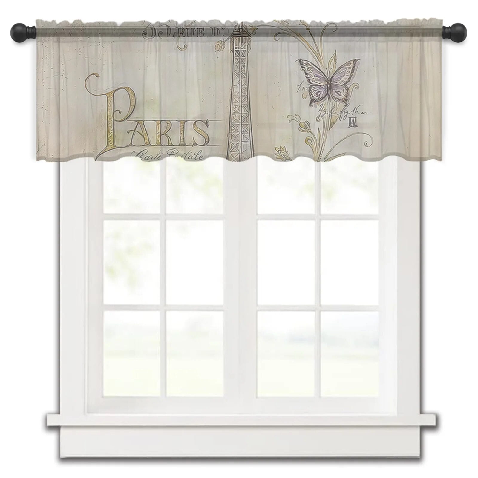 Vintage Eiffel Tower Flowers Butterfly Tulle Curtains for Home Kitchen ...