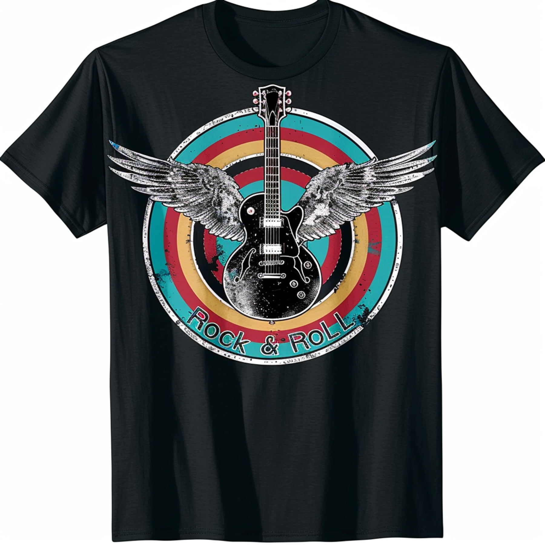 Vintage Electric Guitar Wings Rock & Roll T Shirt design with rainbow ...