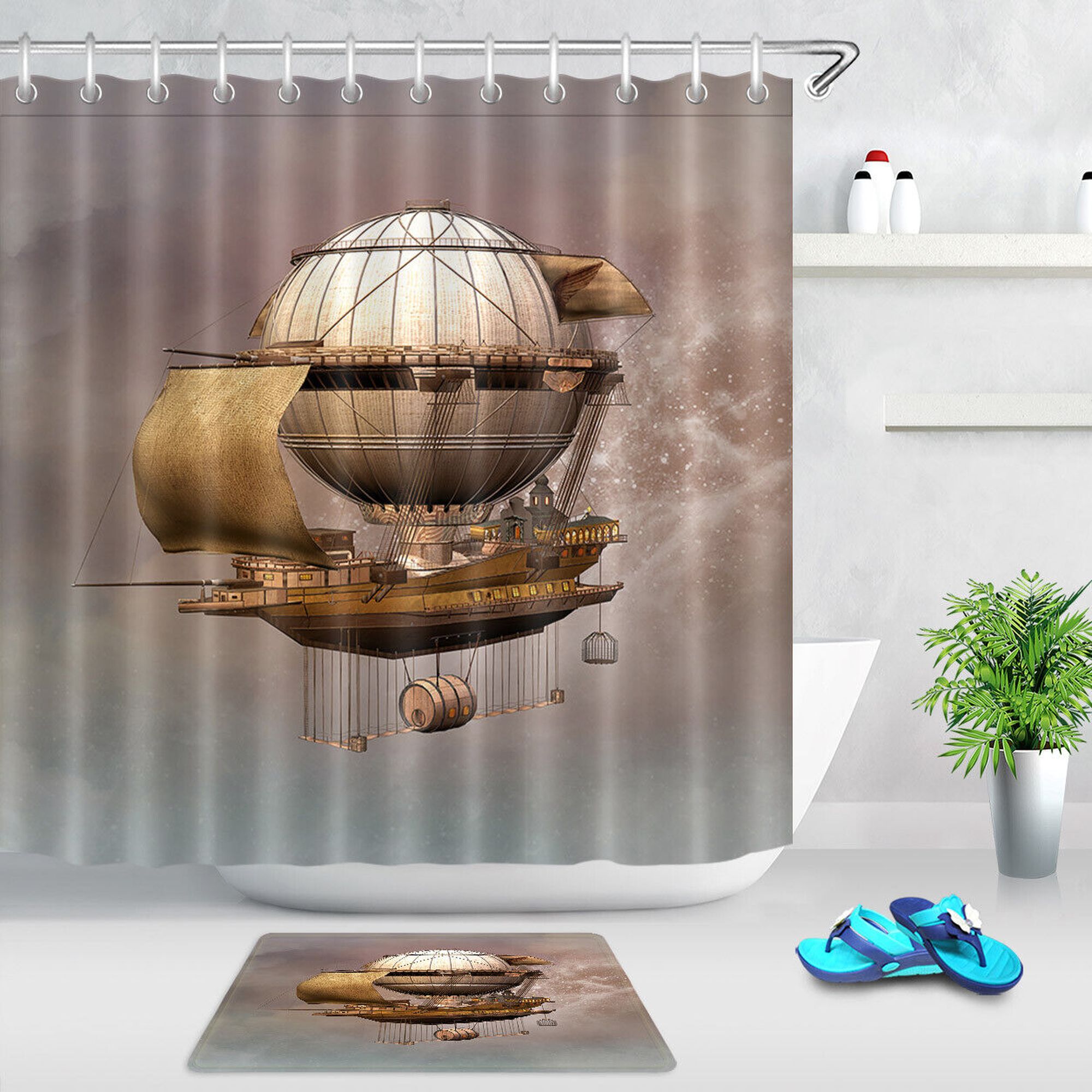 Vintage Elegance: Steampunk Shower Set with Hot Air Balloon Curtain ...