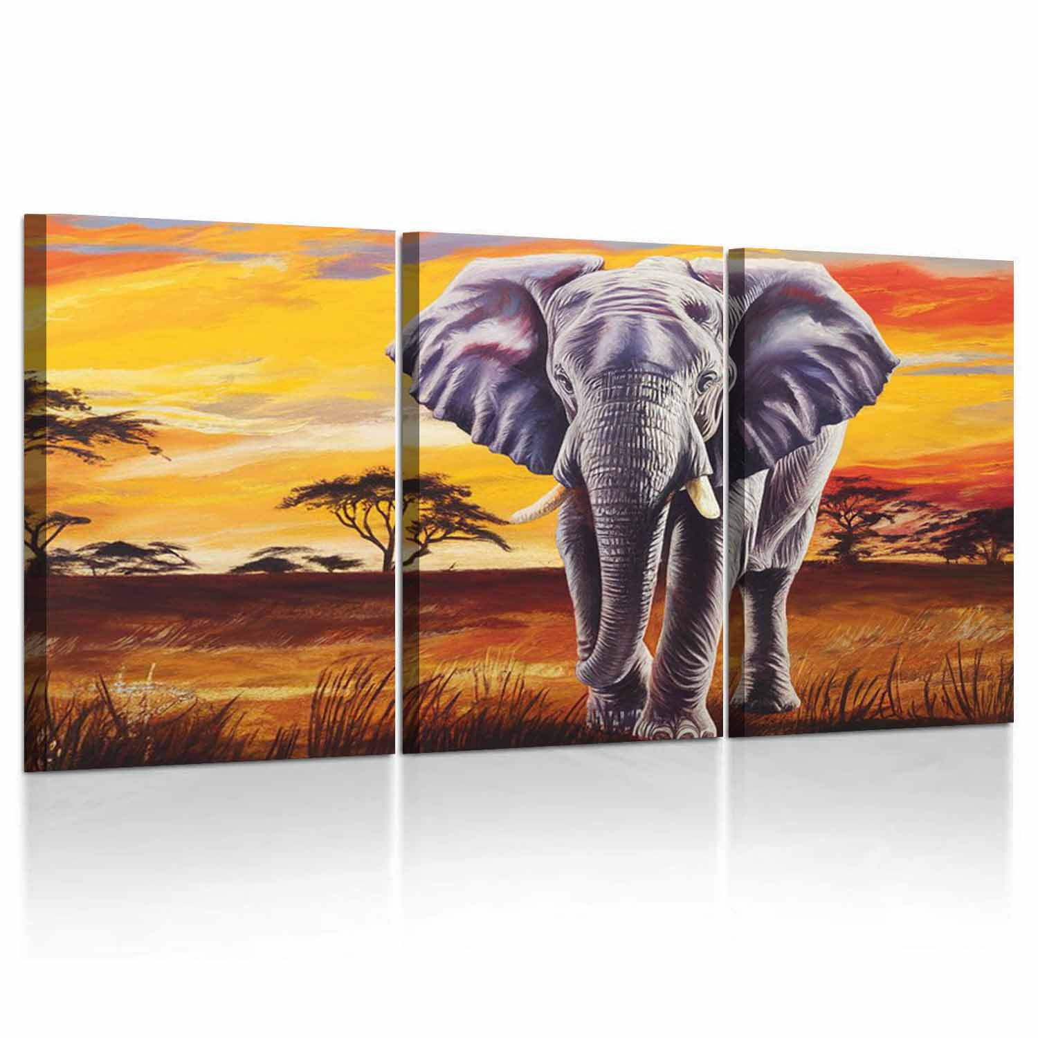 Vintage Elephant Sunset 3 Panels Modern Canvas Wall Art Print For ...