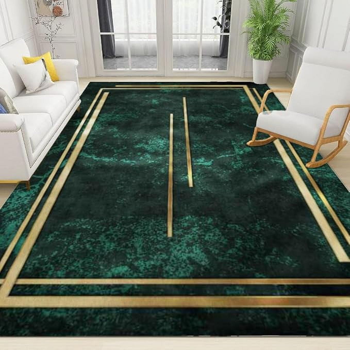 Vintage Emerald Green Marble Area Rug, Luxury Gold Border Stripes ...