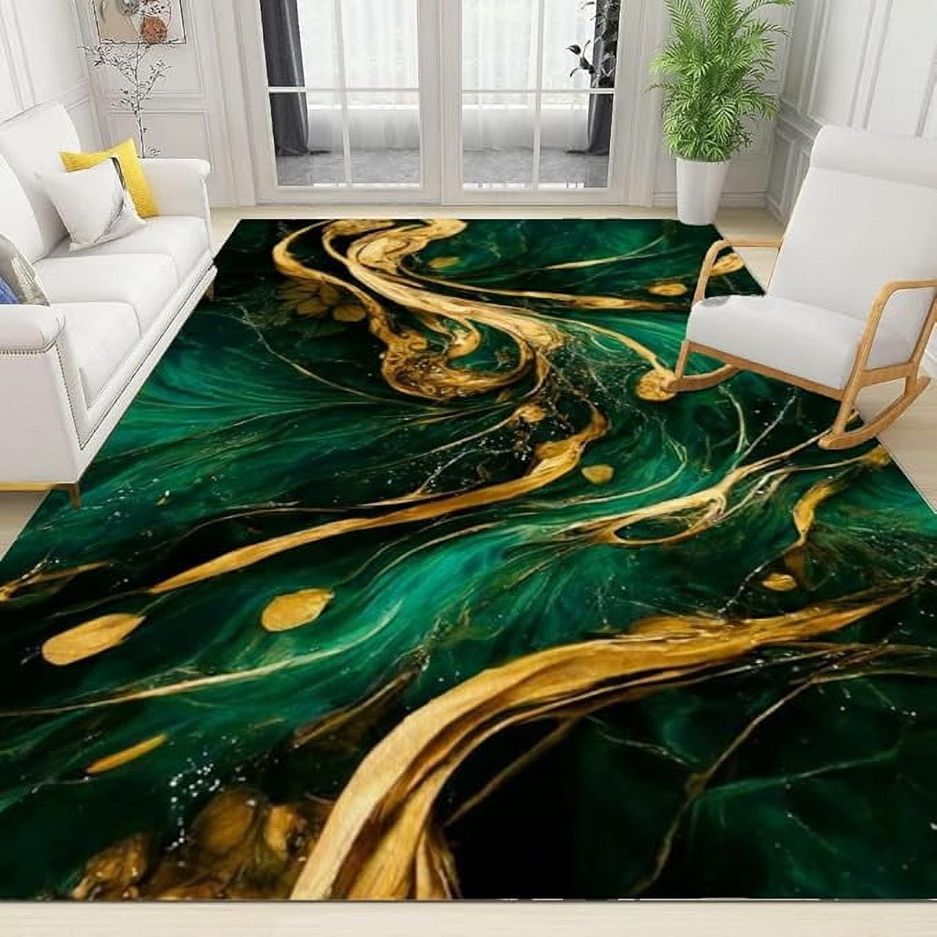 Vintage Emerald Green Rugs For Living Room, Luxurious Golden Marble ...