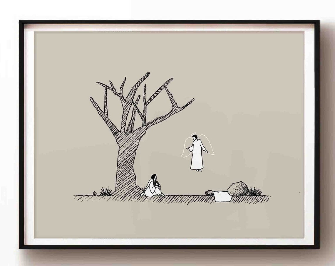 Hagar, Ishmael And The Angel, Genesis Print, Bible Sketch Wall Art ...