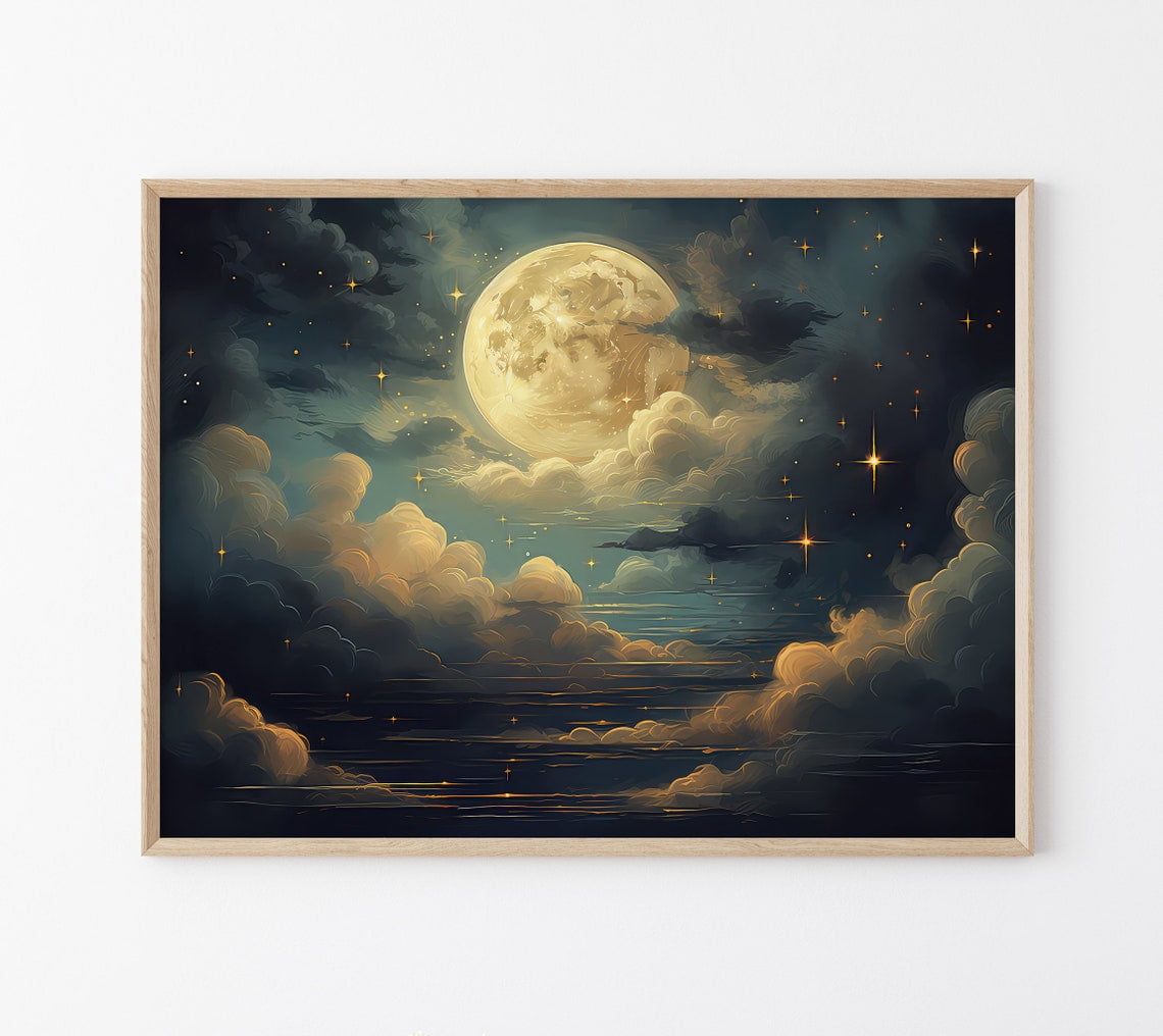Vintage Enchanting Celestial Moon Art Oil Painting Print, Dark Academia ...