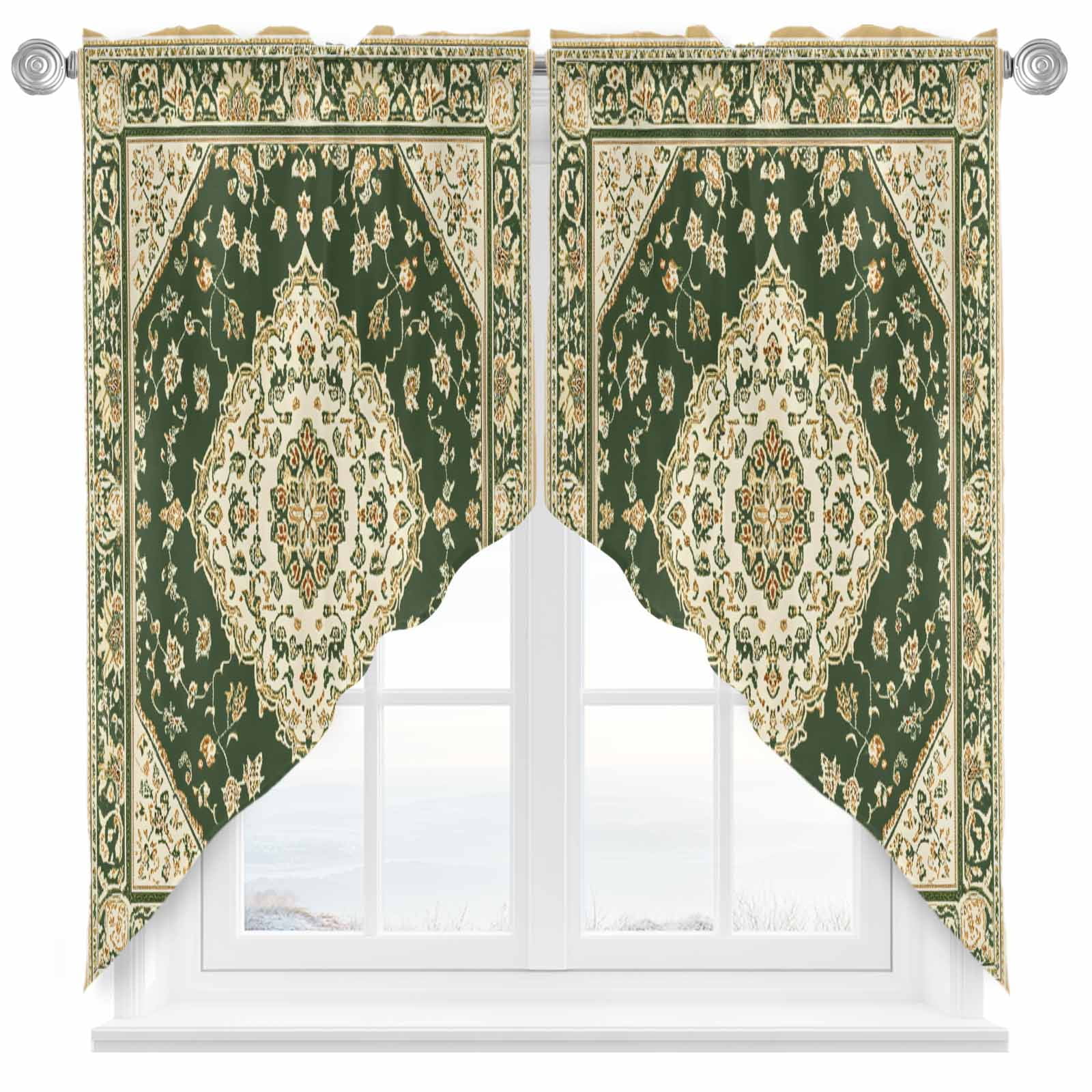 Vintage Ethnic Floral Swag Valances for Windows 2 Pack Retro Green ...