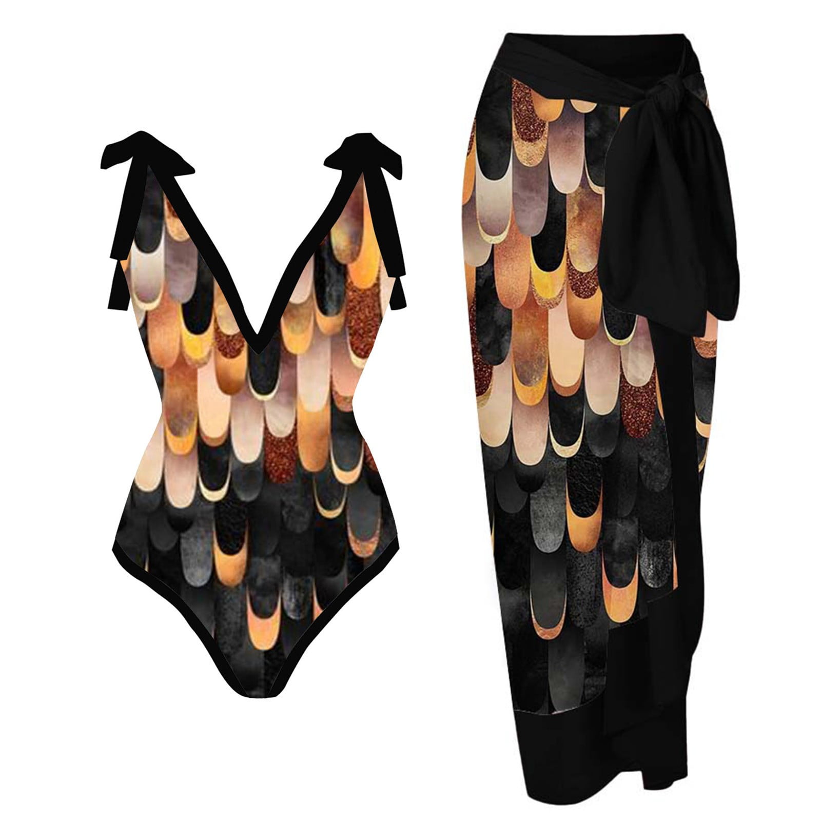Vintage Ethnic Print One Piece Monokini With Cover Up Beach Skirt