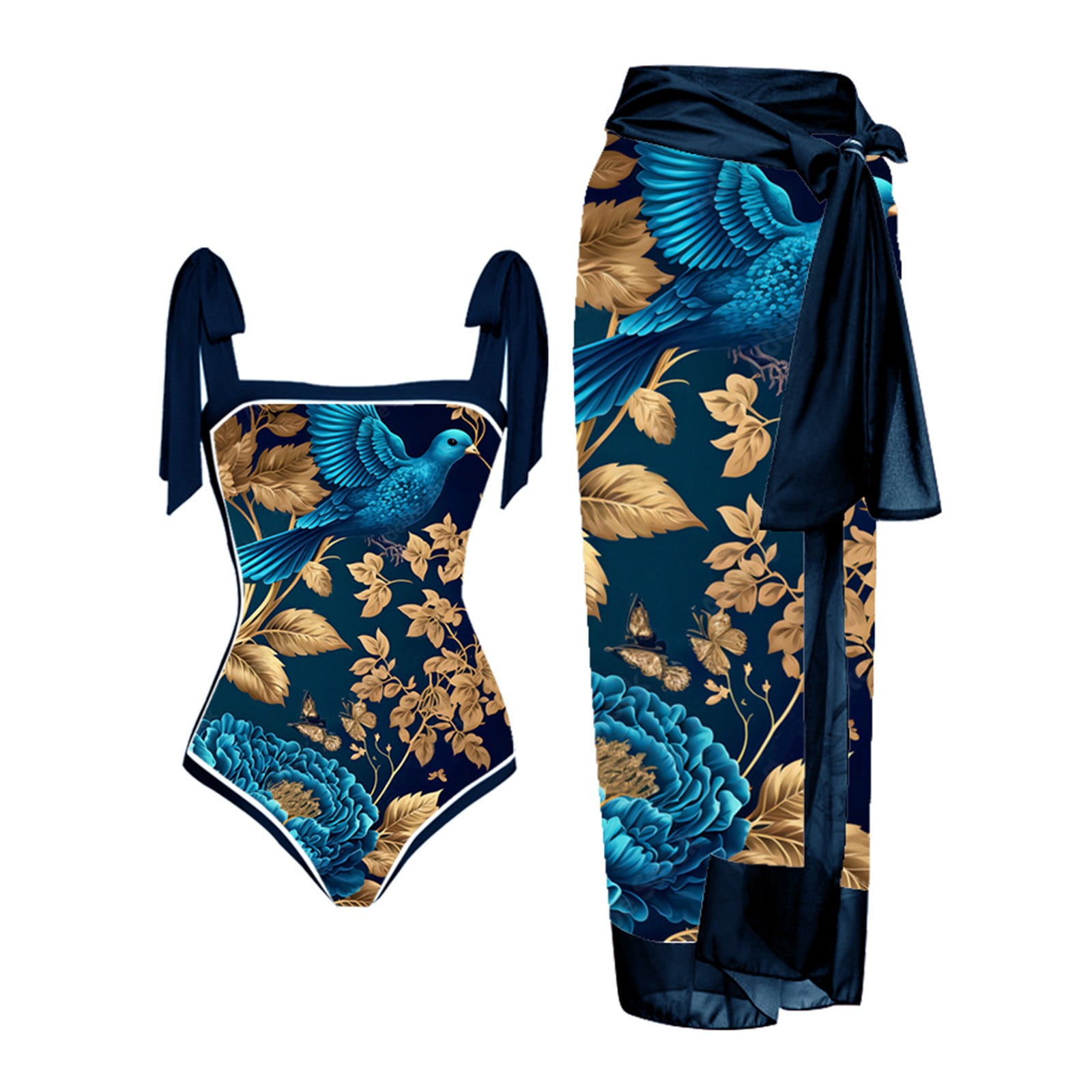 Vintage Ethnic Print One Piece Monokini With Cover Up Beach Skirt