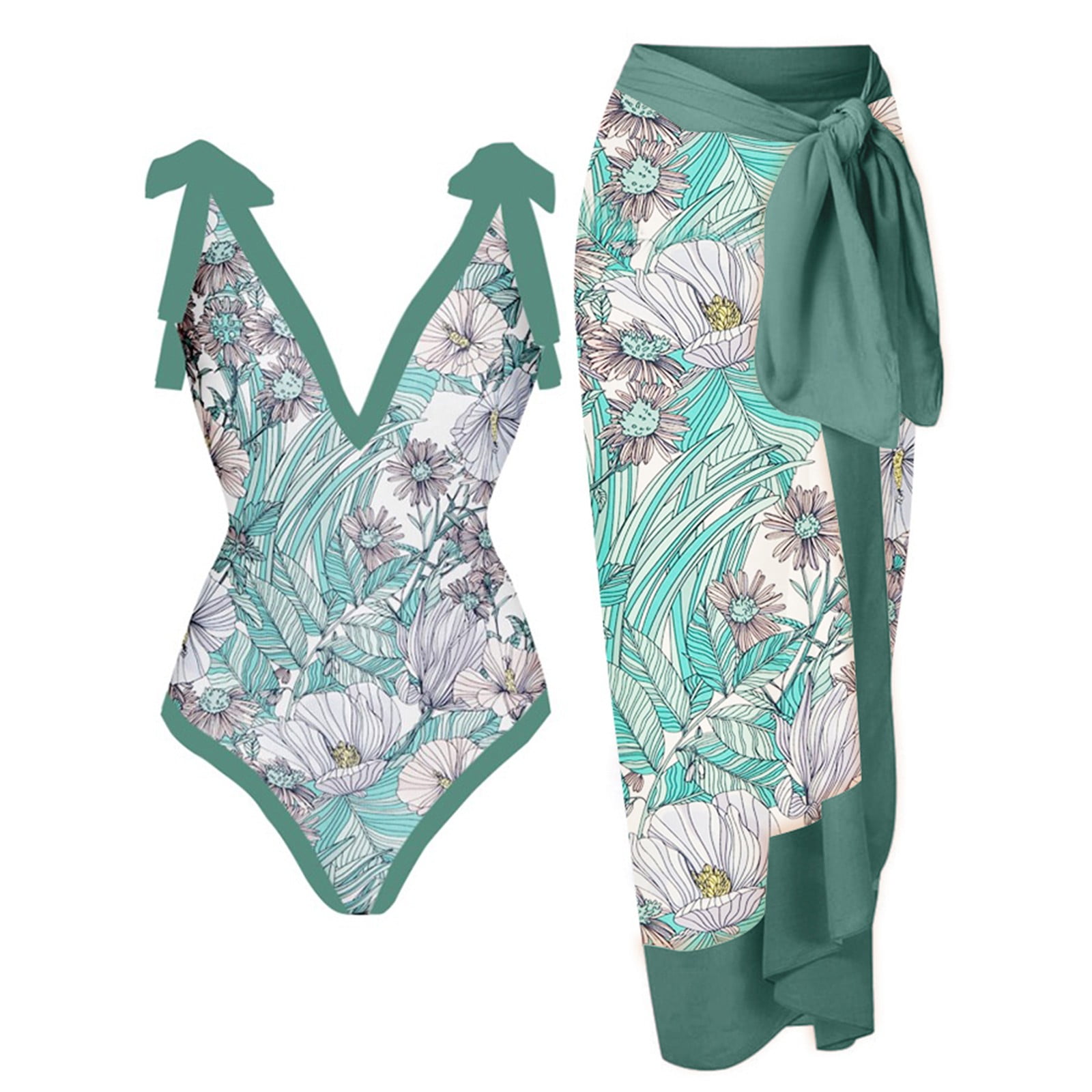 Vintage Ethnic Print One Piece Monokini With Cover Up Beach Skirt