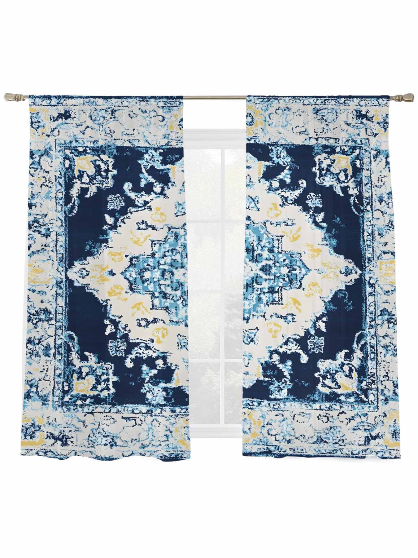 Vintage Ethnic Sheer Curtains 63 Inch Length 2 Panels Set, Semi Transparent Voile Rod Pocket ...