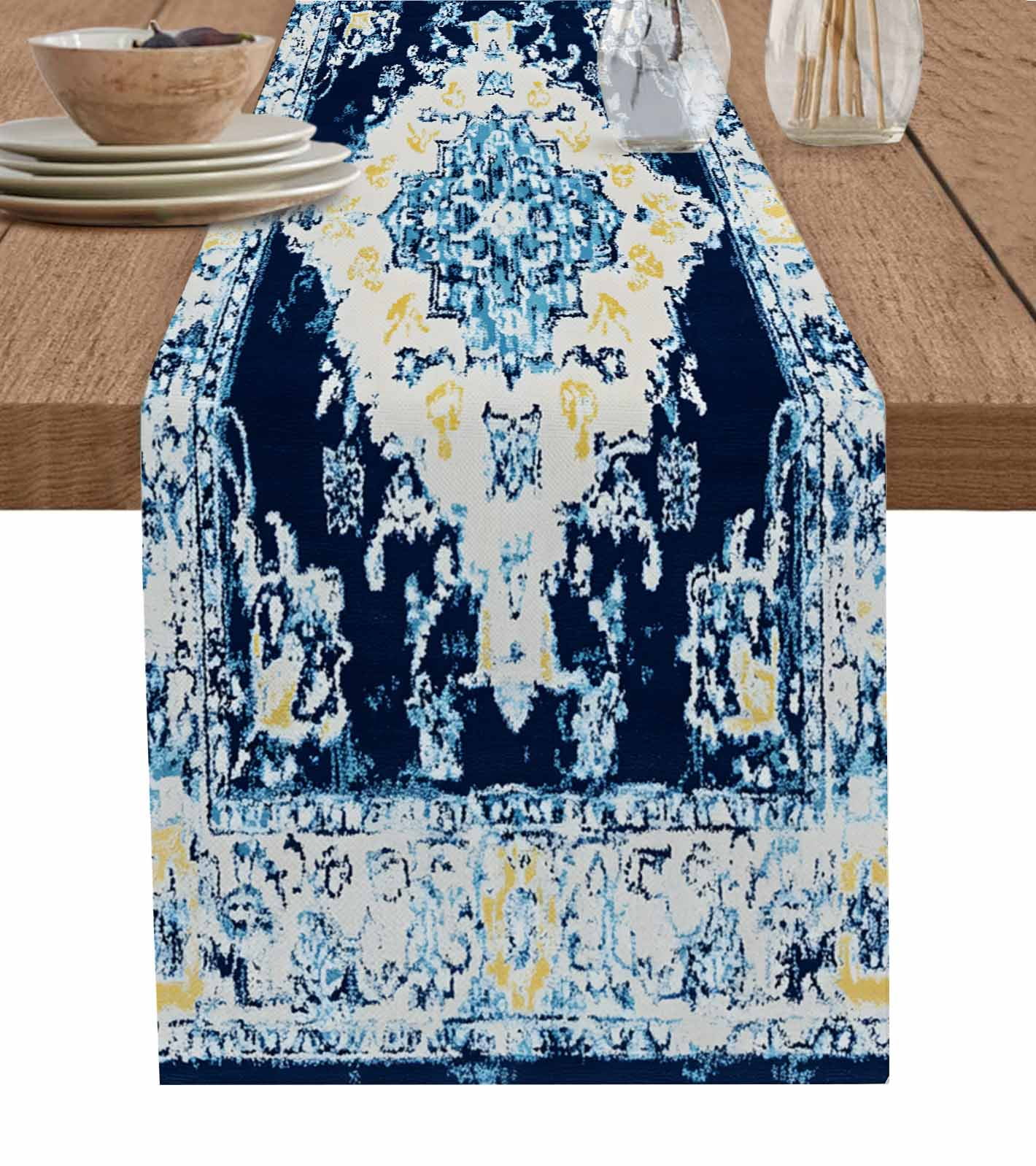 Vintage Ethnic Table Runner Boho Tribes Modern Blue Middle Century ...
