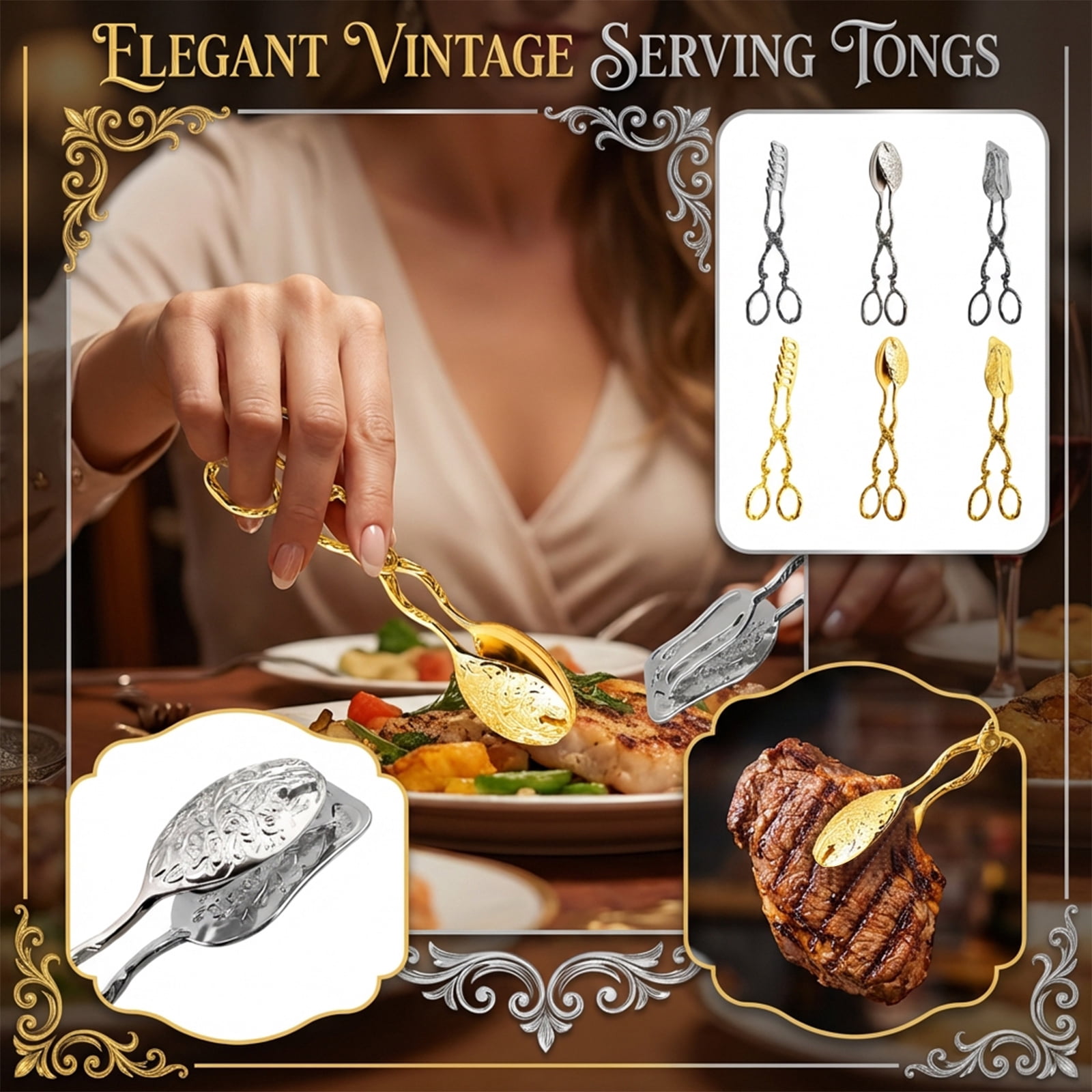 Vintage European Style Carved Serving Tongs Metal Food Tongs for Bread ...