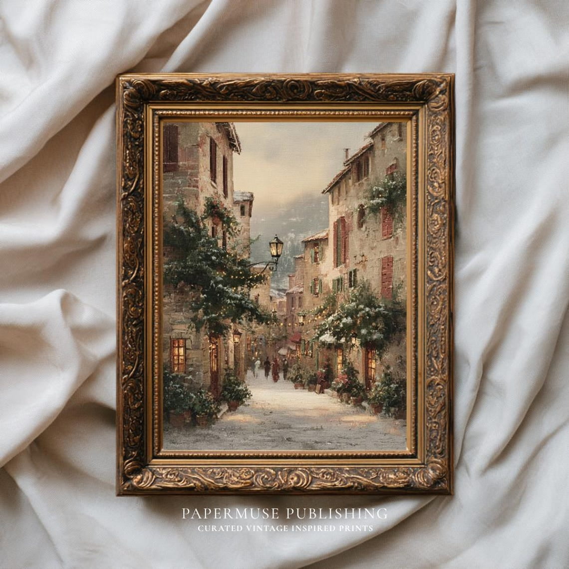 Vintage European Village Art Print, Old World Winter Street , Rustic ...