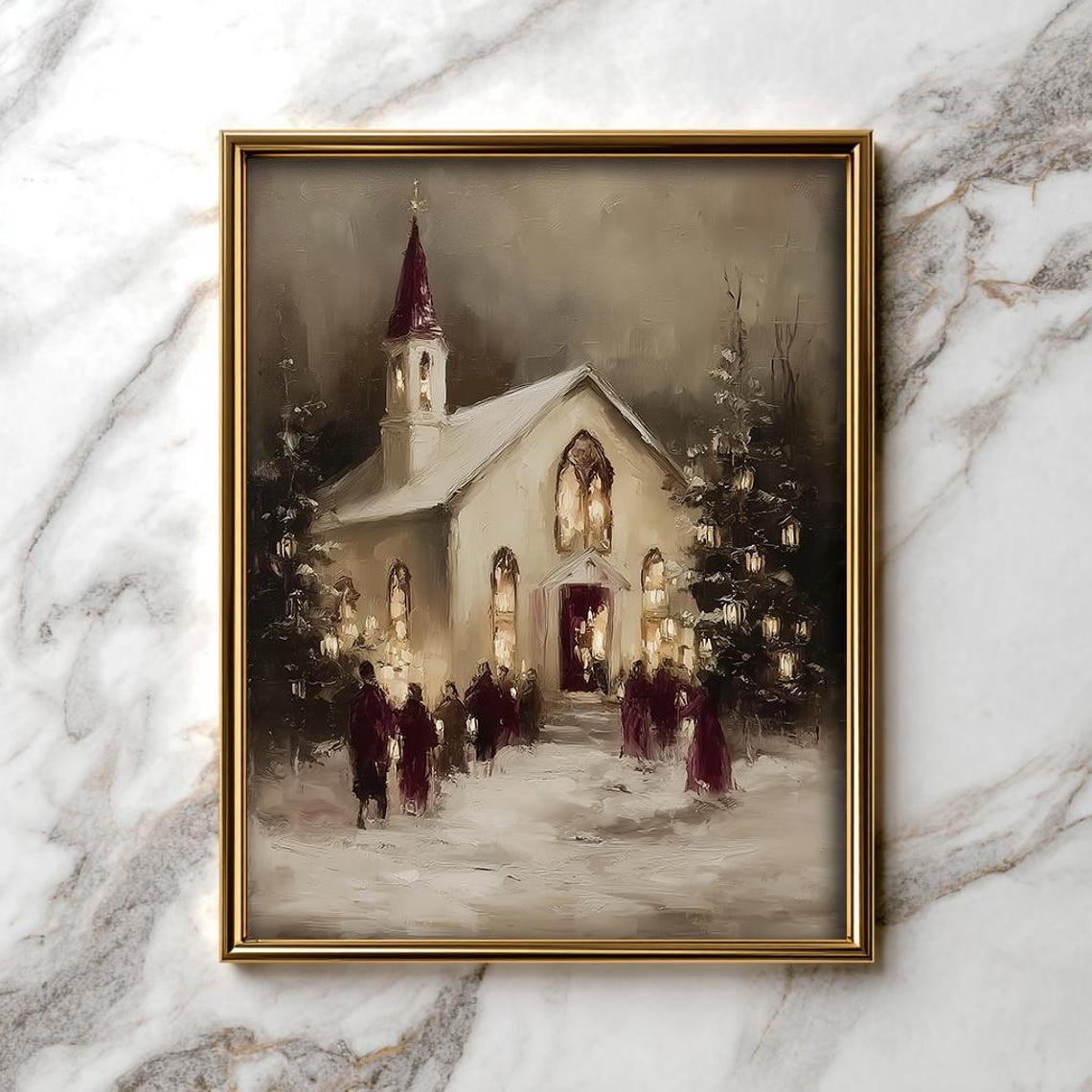 Vintage Eve Church Poster - Cozy Snow-Covered Church Art, Warm ...