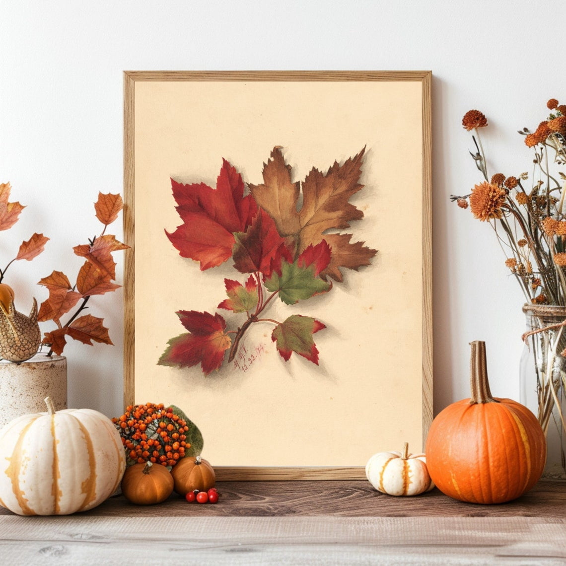 Vintage Fall Leaves Poster, Red Maple Leaf Wall Art, Neutral Rustic ...