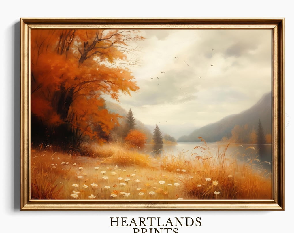 Vintage Fall Wall Art Painting, Fall Art Printable Autumn Landscape ...