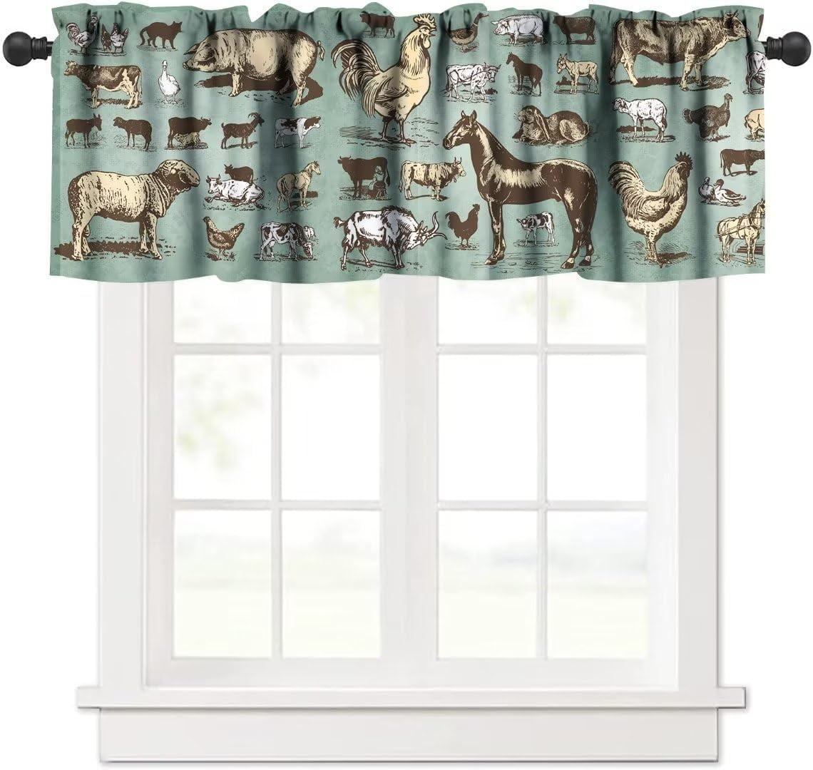 Vintage Farm Animals Valance, Retro Livestock Cow Pig Chicken Rooster ...