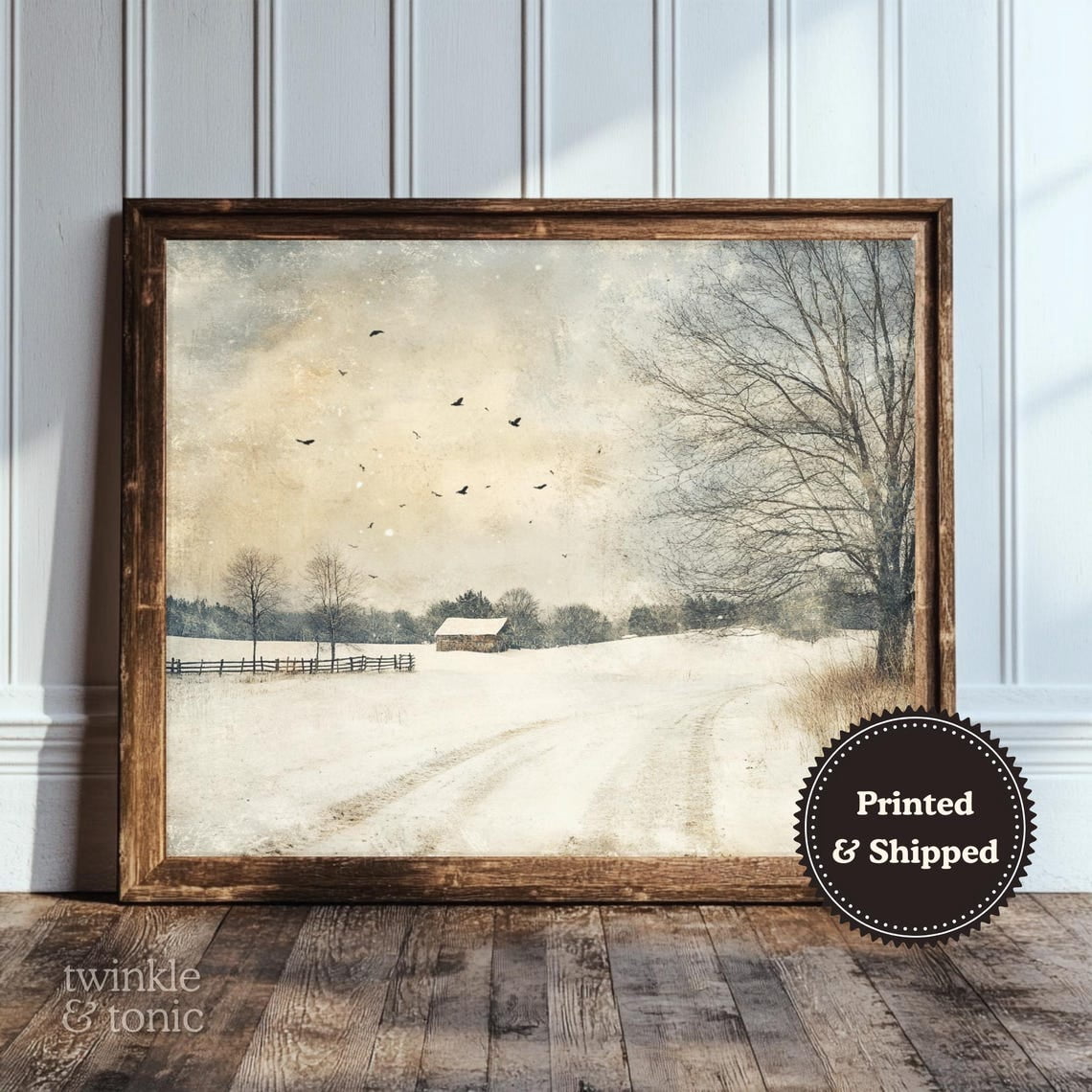 Vintage Farm Art Print Rustic Winter Country Poster Snowy Pastoral ...