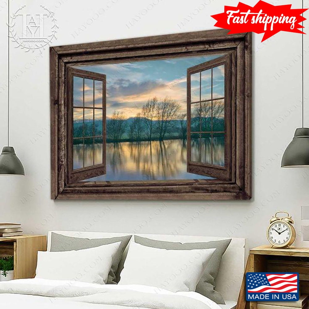 Vintage Farm Barn Window Frame With View Of Peaceful Lake 16 x 24 Inch ...
