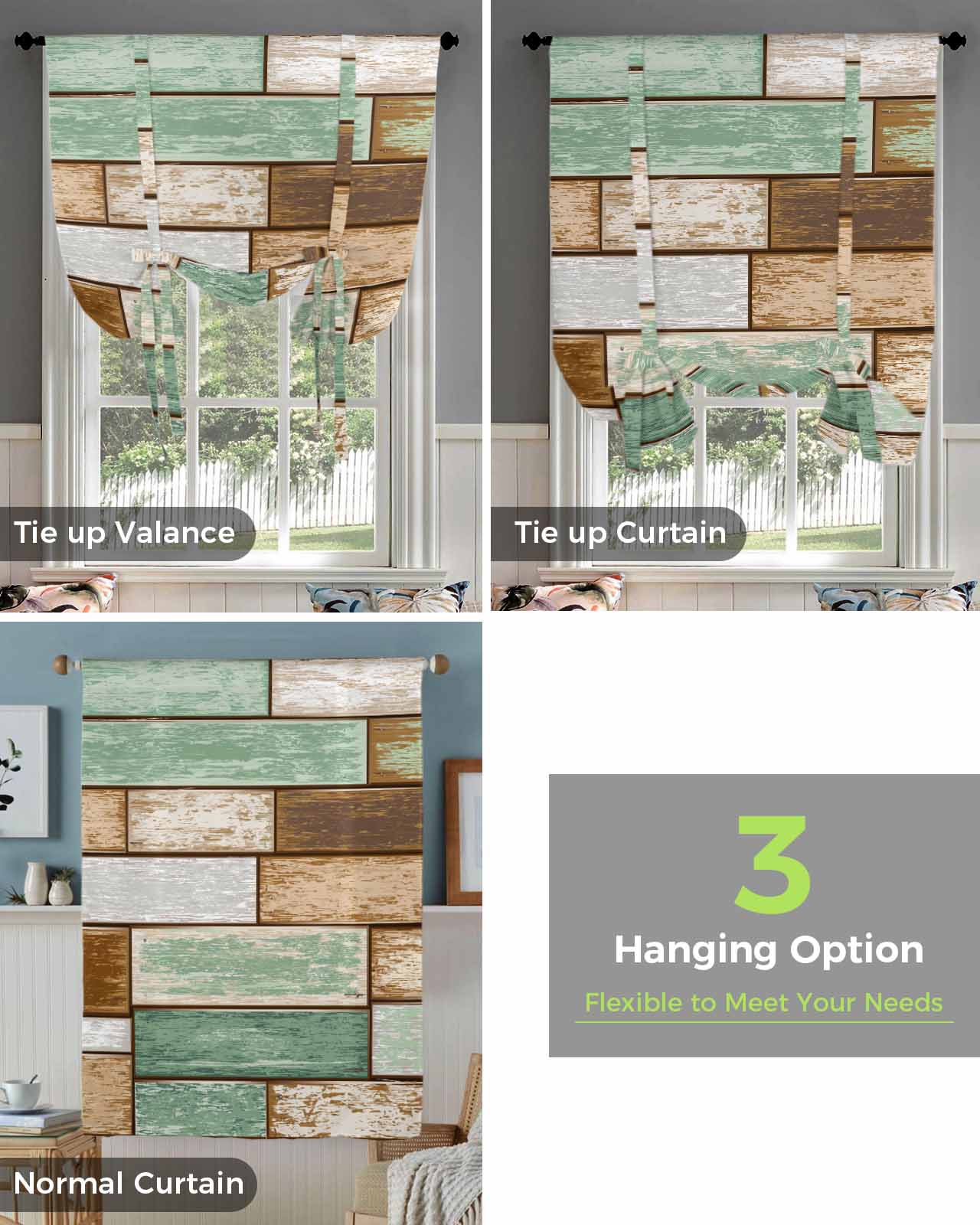 Vintage Farm Barn Wood Grain Gradient Window Curtain for Living Room ...
