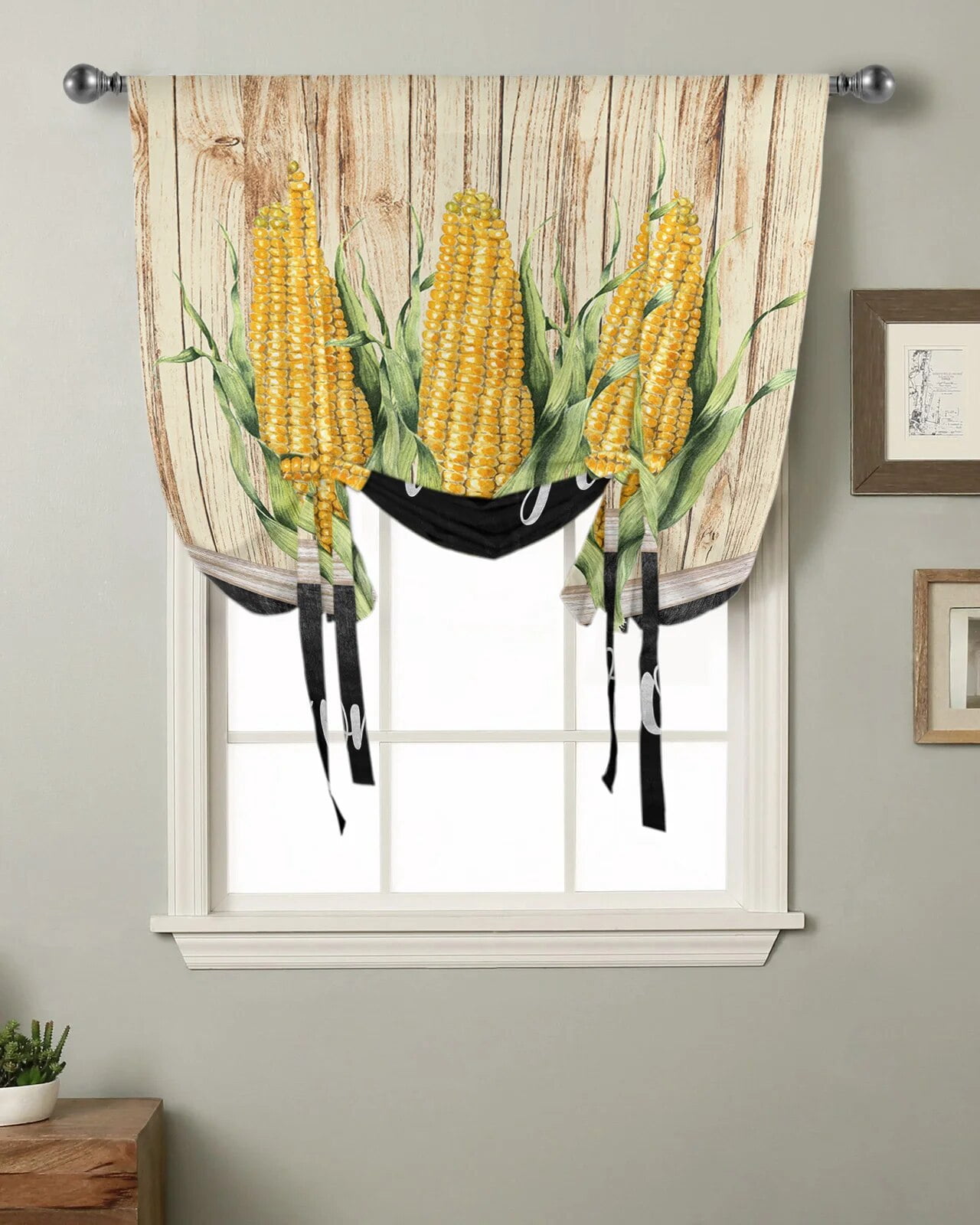 Vintage Farm Corn Wood Grain Kitchen Short Window Curtain Rod Pocket ...
