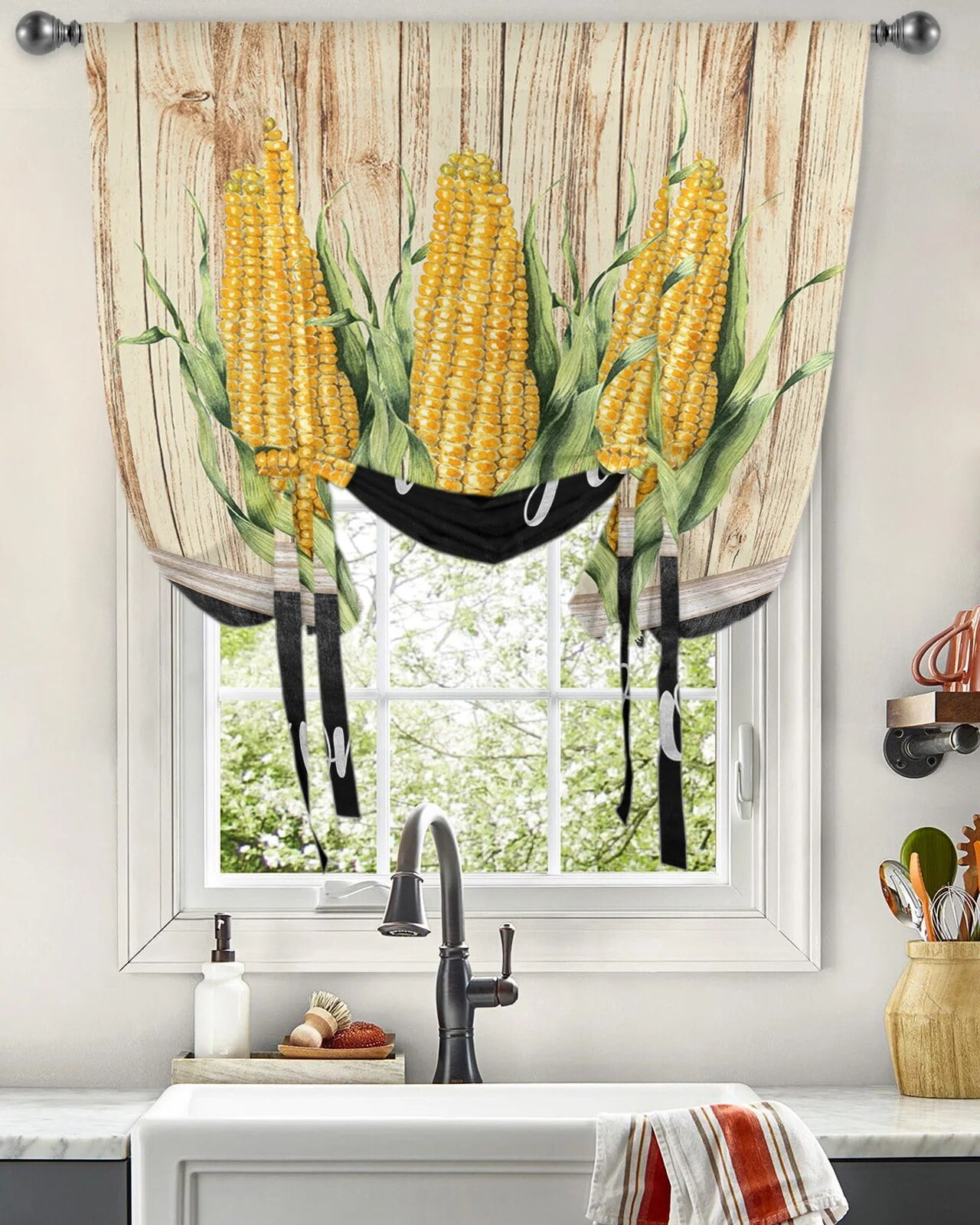 Vintage Farm Corn Wood Grain Window Curtain for Living Room Kitchen Tie ...