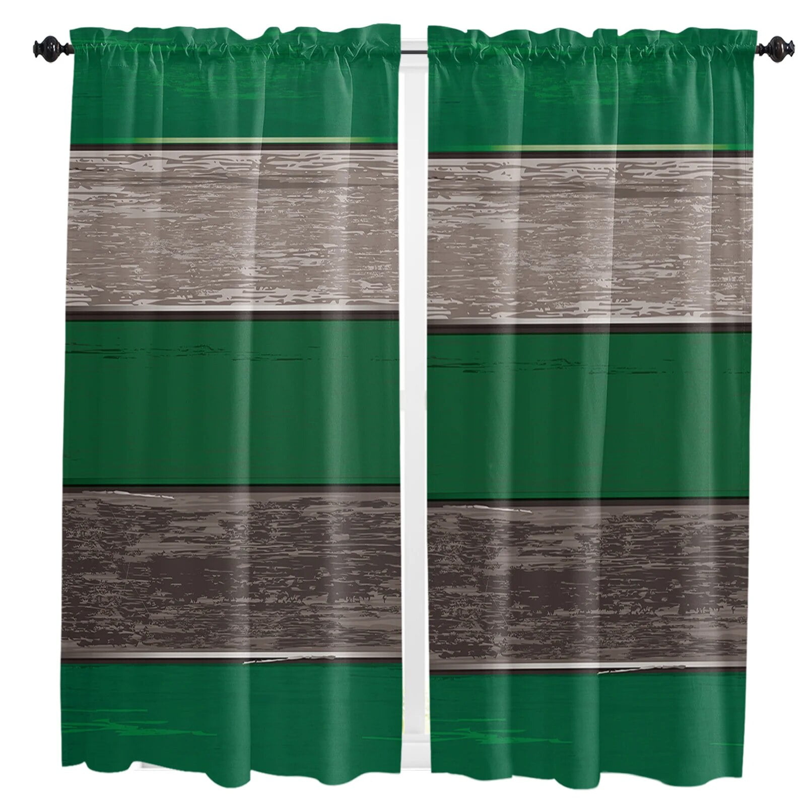 Vintage Farm Faux Wood Grain Forest Green Rod Pocket Short Curtain Half ...
