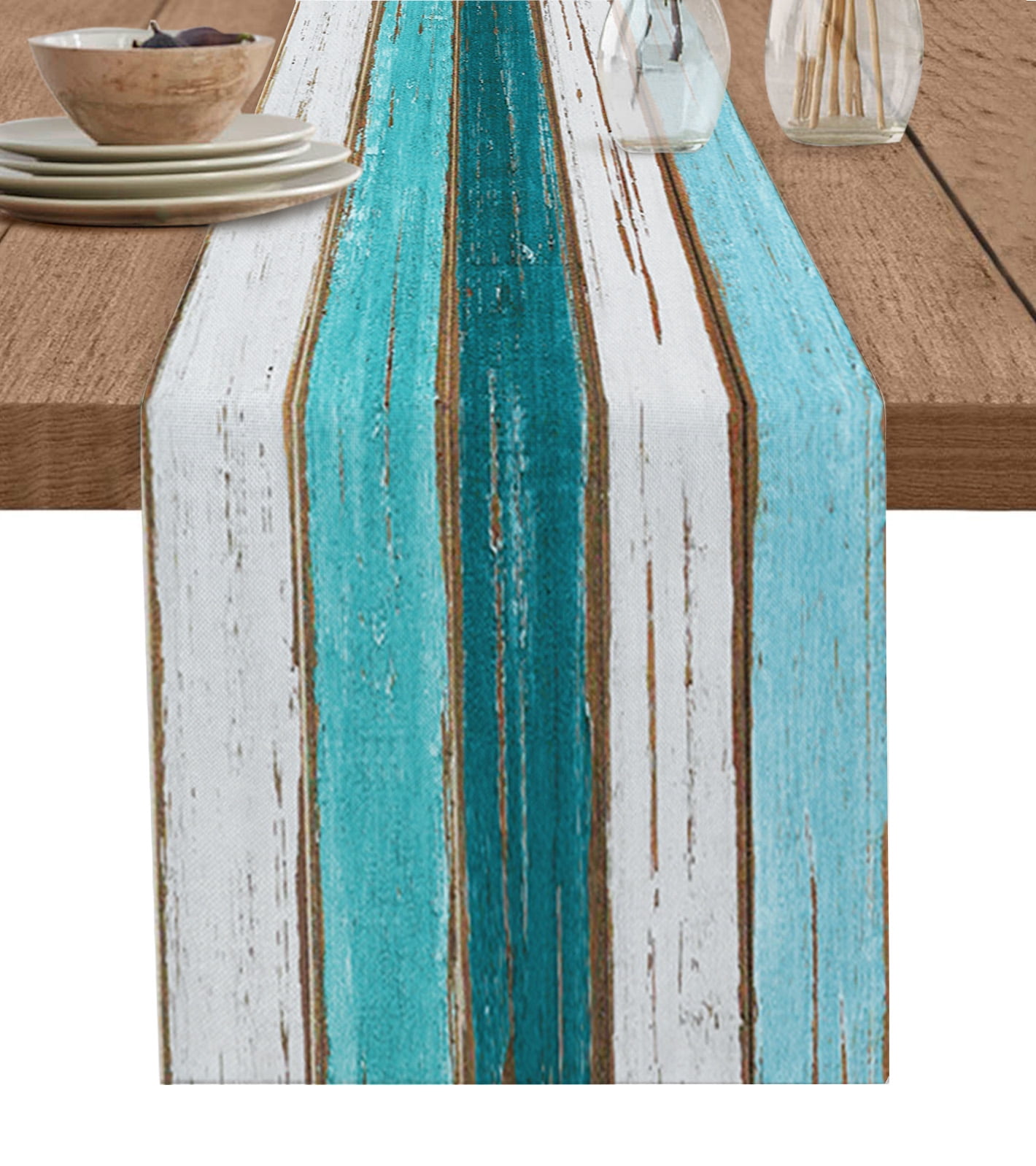 Vintage Farm Granary Wood Grain Aqua Table Runner ration Home r Dinner ...