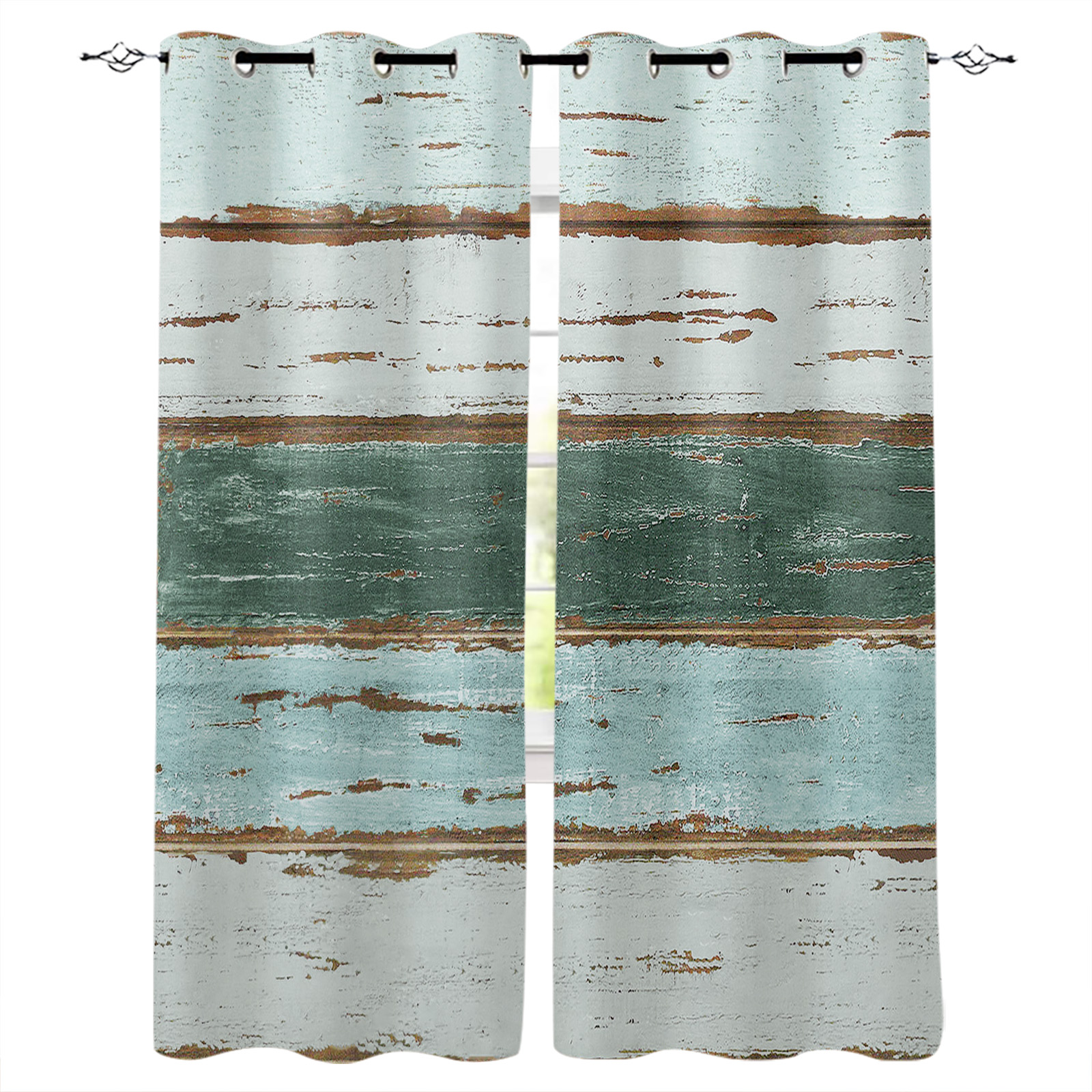 Vintage Farm Imitation Wood Grain Green Room Curtains Large Window ...