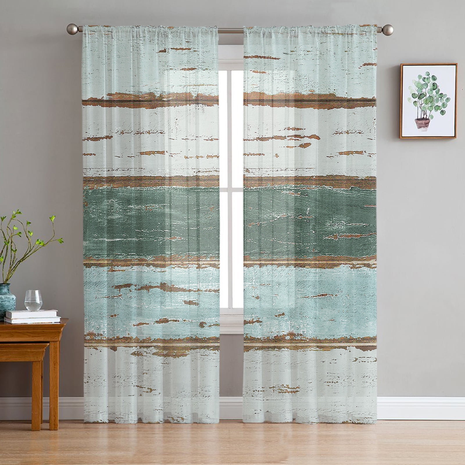 Vintage Farm Imitation Wood Grain Green Texture Tulle Curtains Modern ...